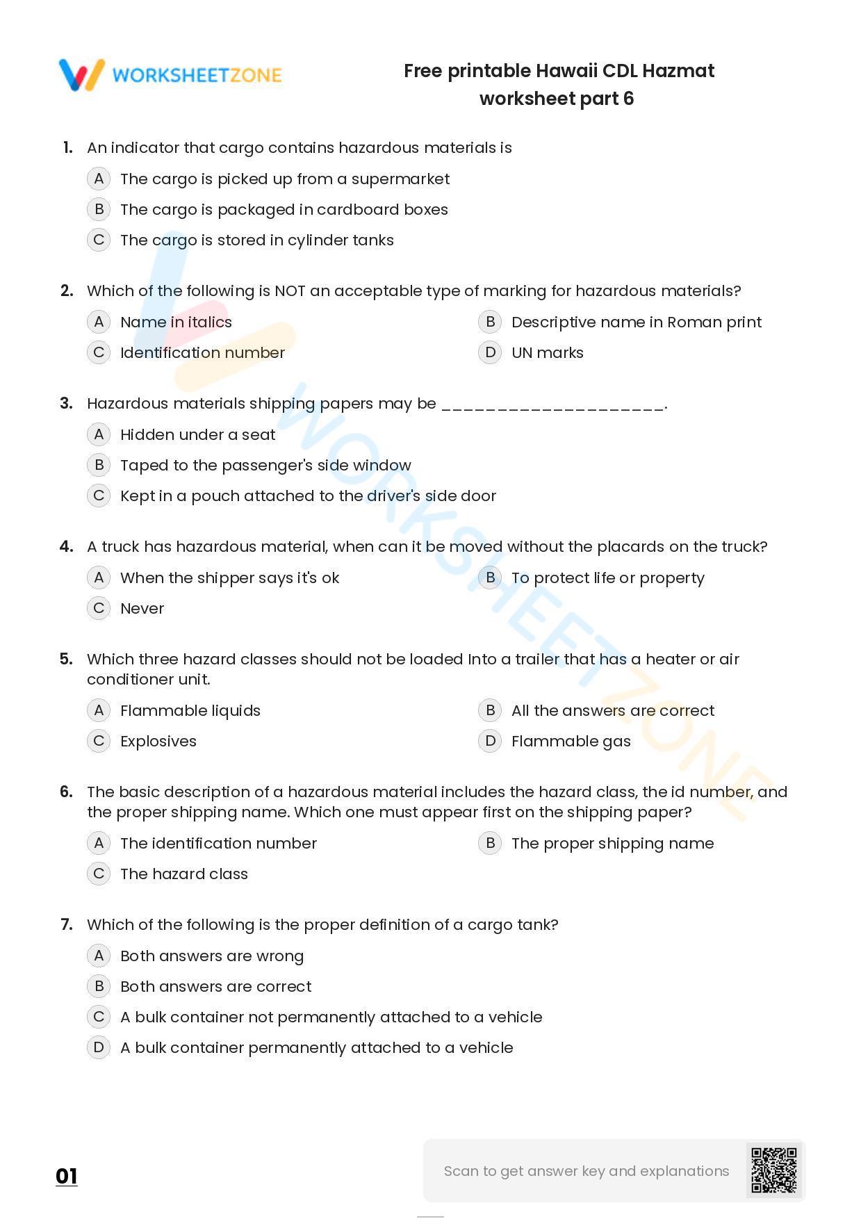 Free Printable Hawaii CDL Hazmat Worksheet Part 6
