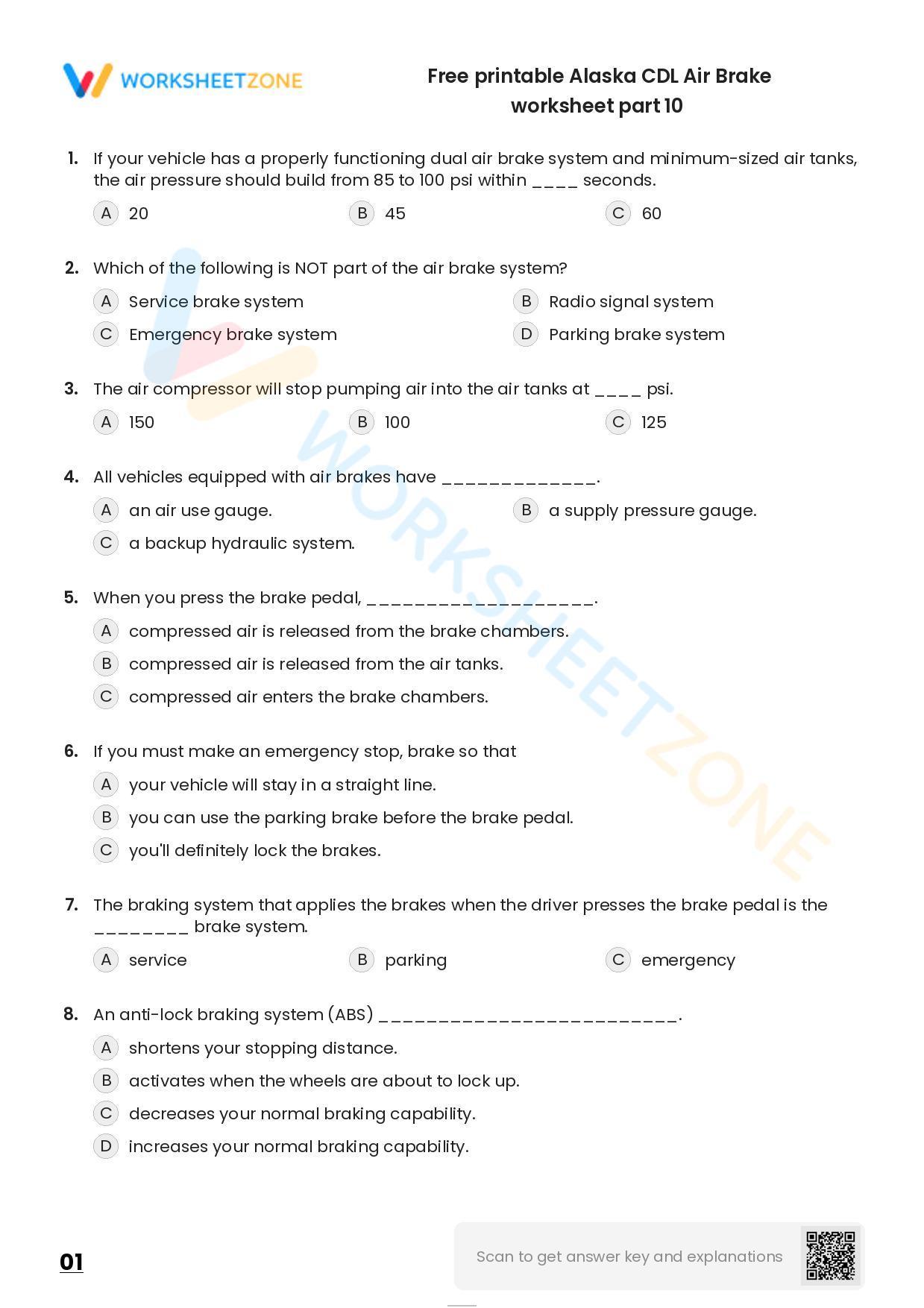 Free printable Alaska CDL Air Brake worksheet part 1 | Worksheet Zone