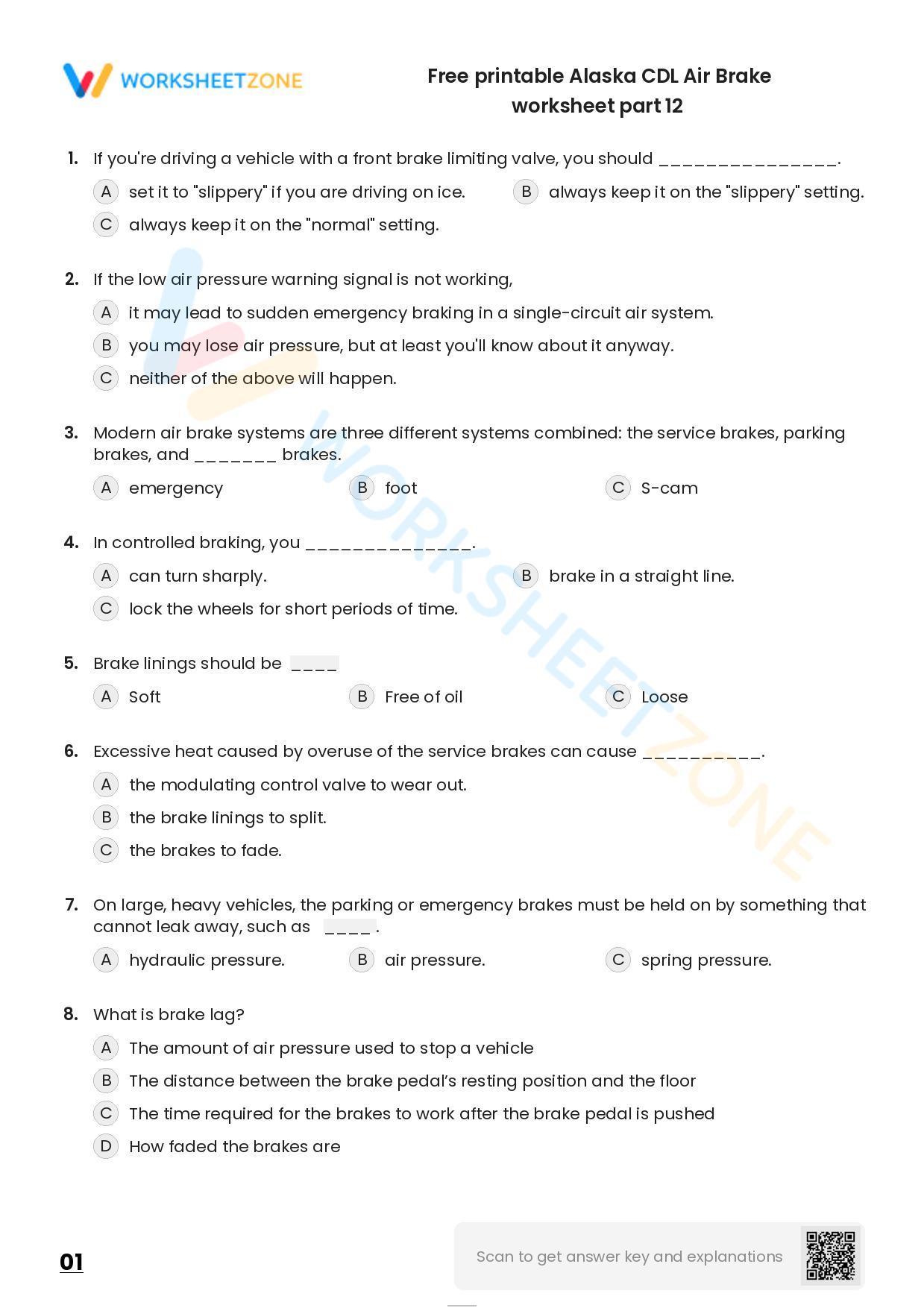 Free printable Alaska CDL Air Brake worksheet part 1 | Worksheet Zone