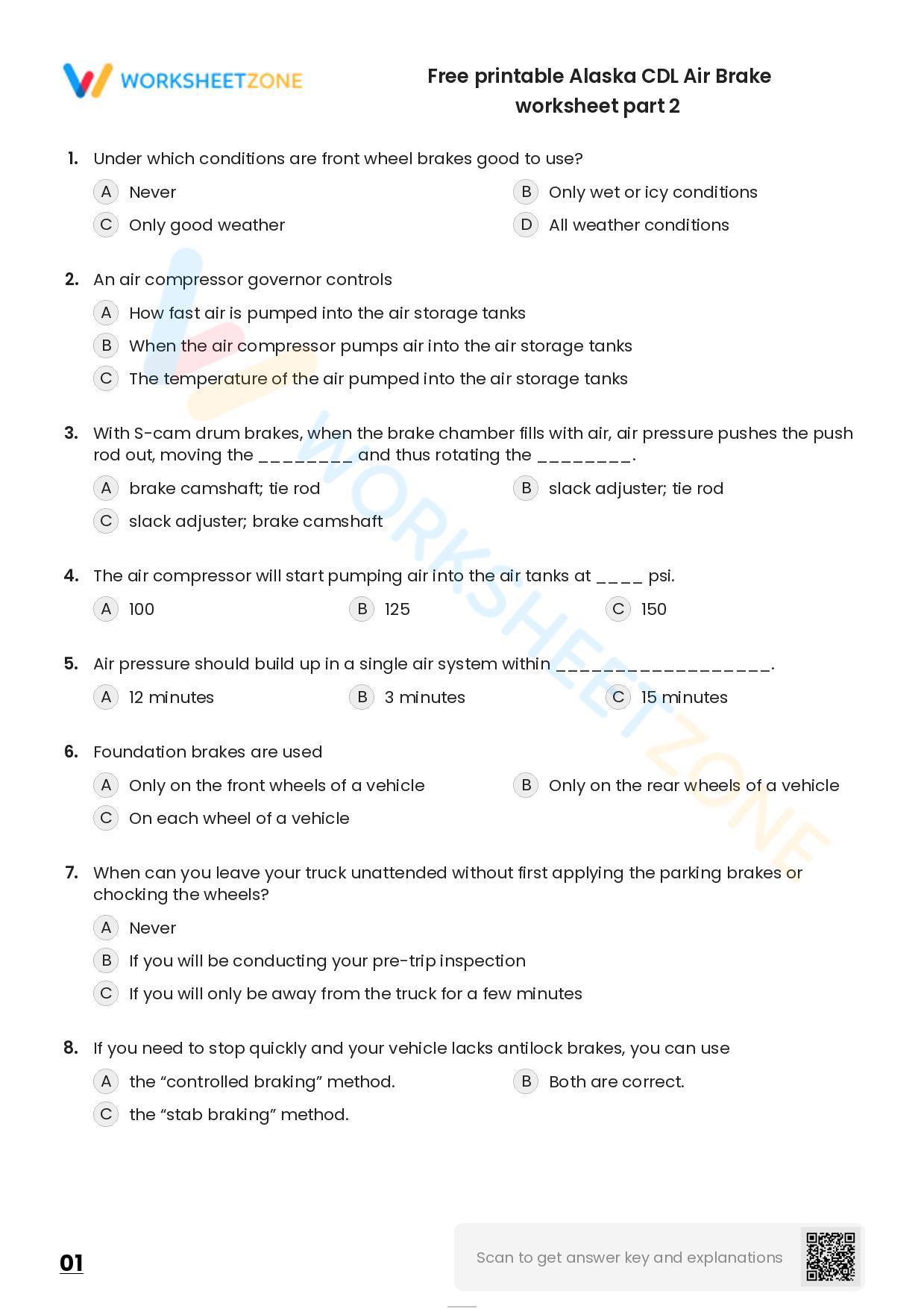Free Printable Alaska CDL Air Brake Worksheet Part 2