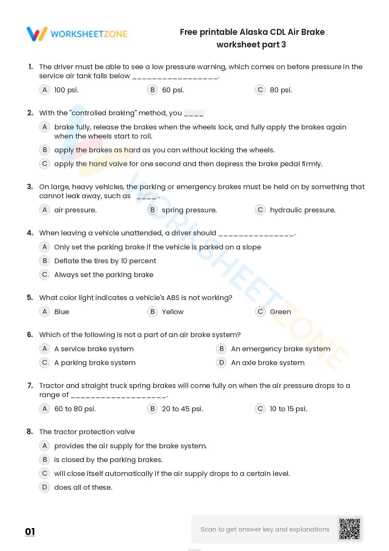 Free printable Alaska CDL Air Brake worksheet part 1 | Worksheet Zone