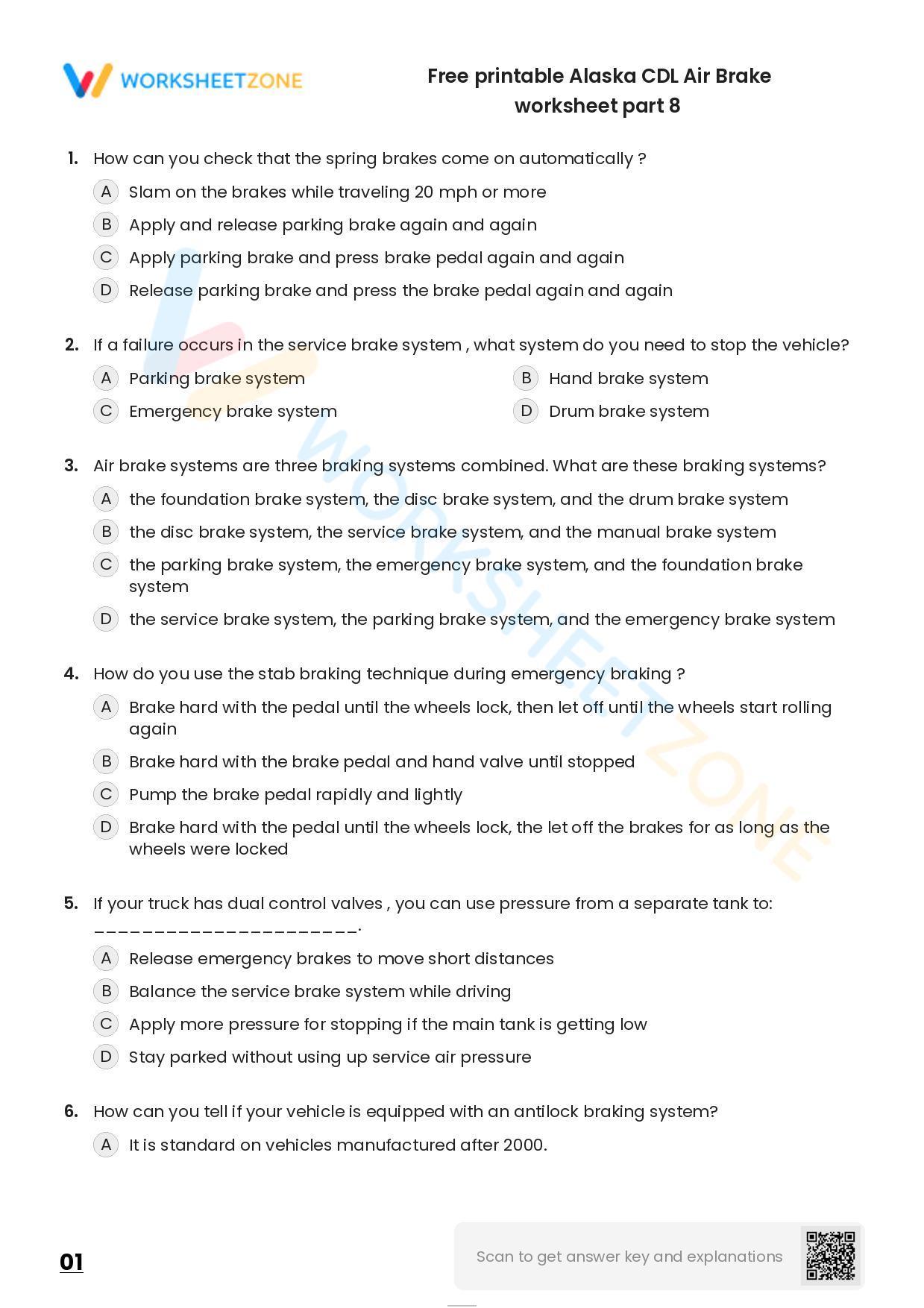 Free printable Alaska CDL Air Brake worksheet part 1 | Worksheet Zone