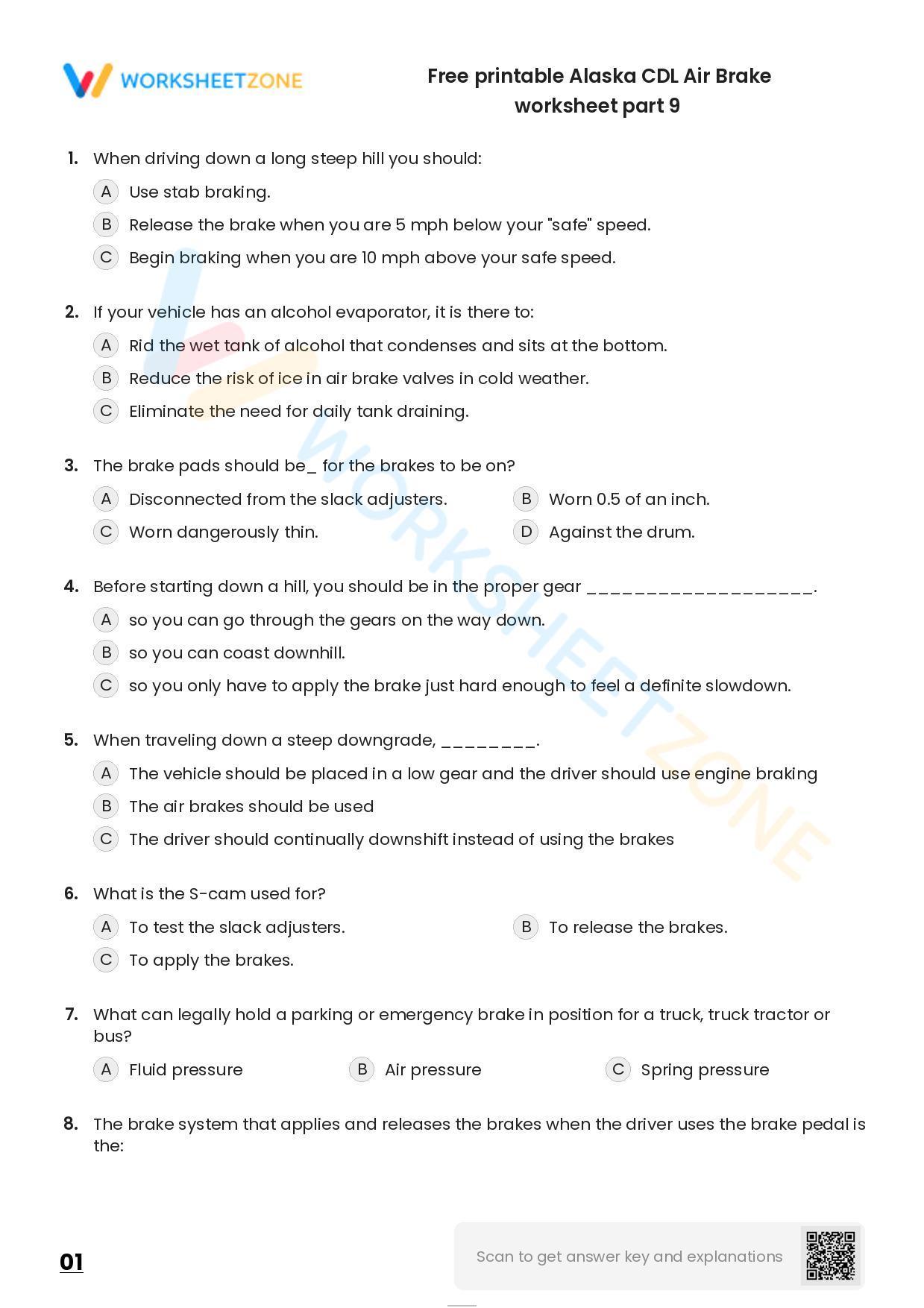 Free printable Alaska CDL Air Brake worksheet part 1 | Worksheet Zone