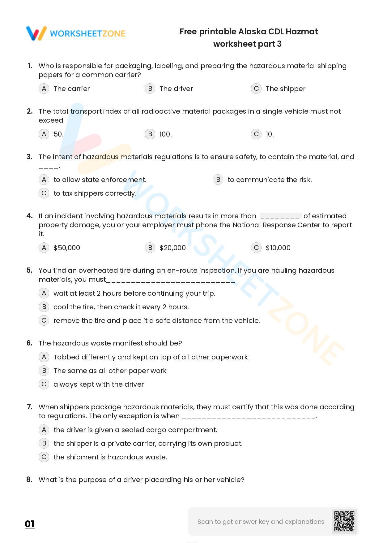Free Printable Alaska CDL Hazmat Worksheet Part 3