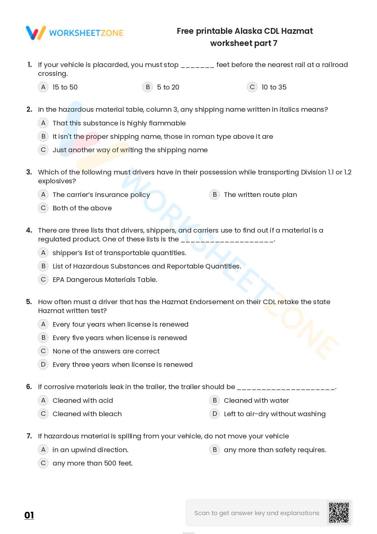 Free Printable Alaska CDL Hazmat Worksheet Part 7