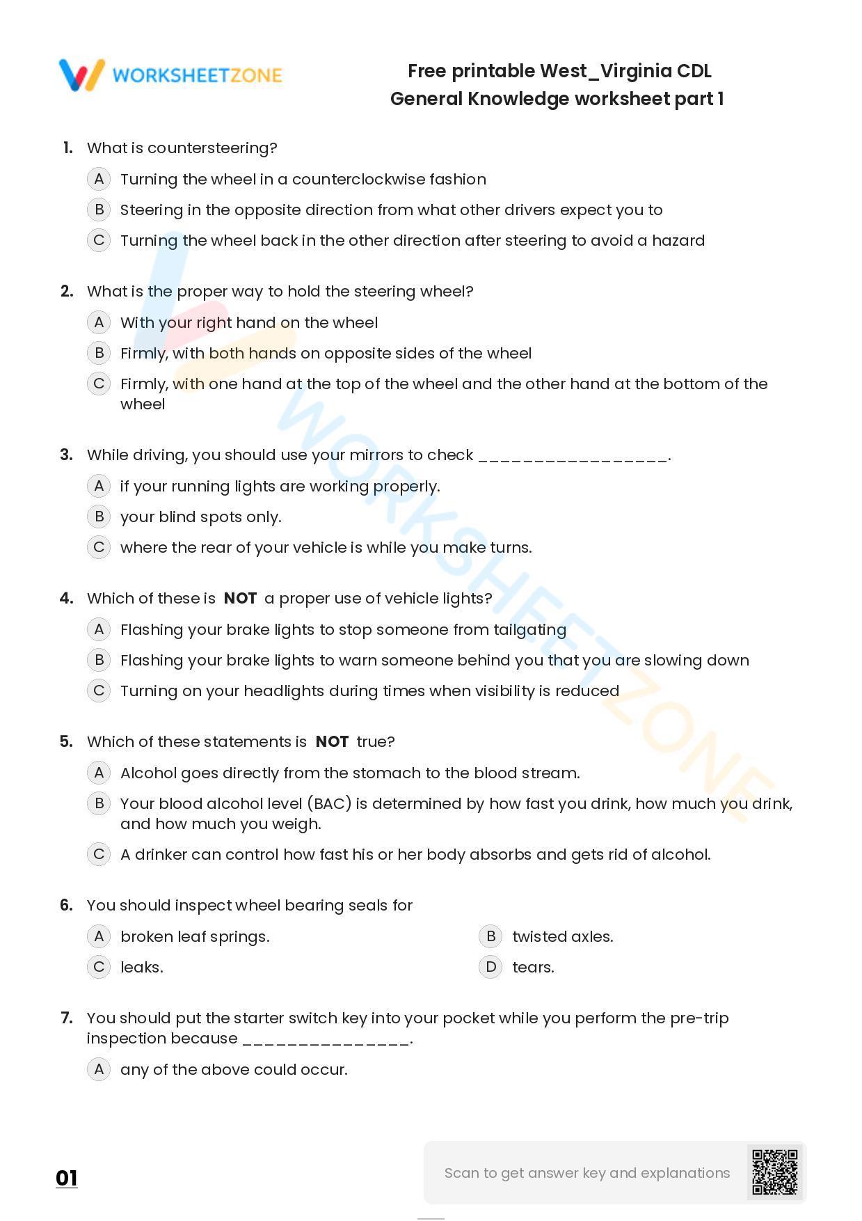 Free Printable West/Virginia CDL General Knowledge Worksheet Part 1