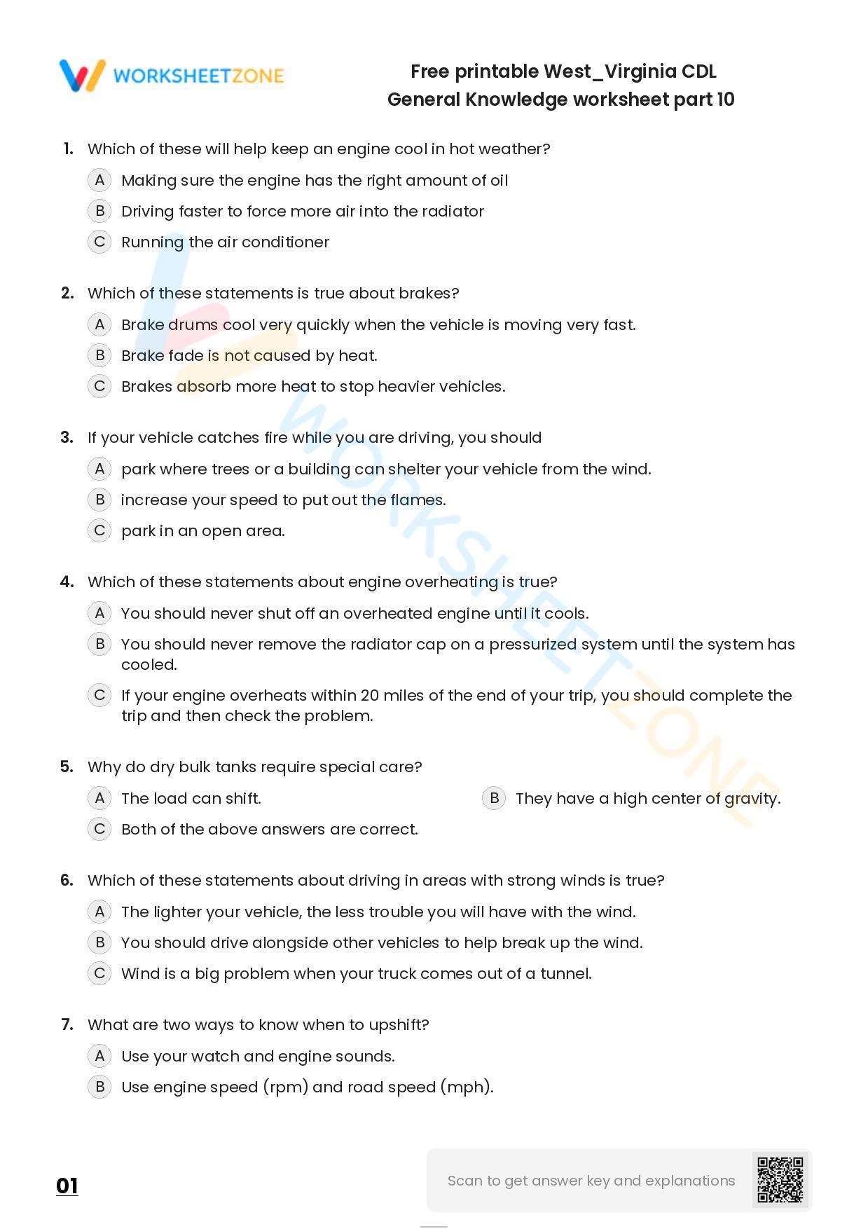 Free printable West/Virginia CDL General Knowledge worksheet part 1 ...