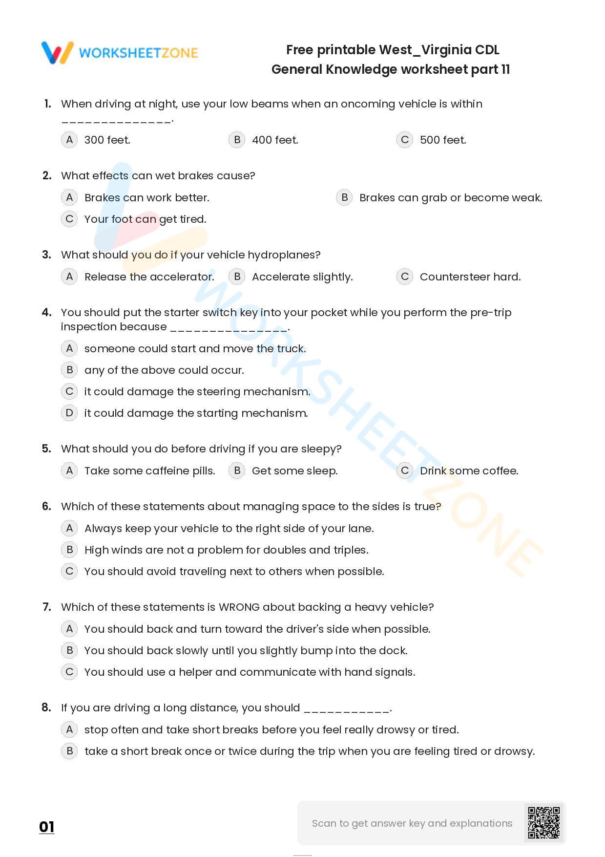 Free Printable West/Virginia CDL General Knowledge Worksheet Part 11