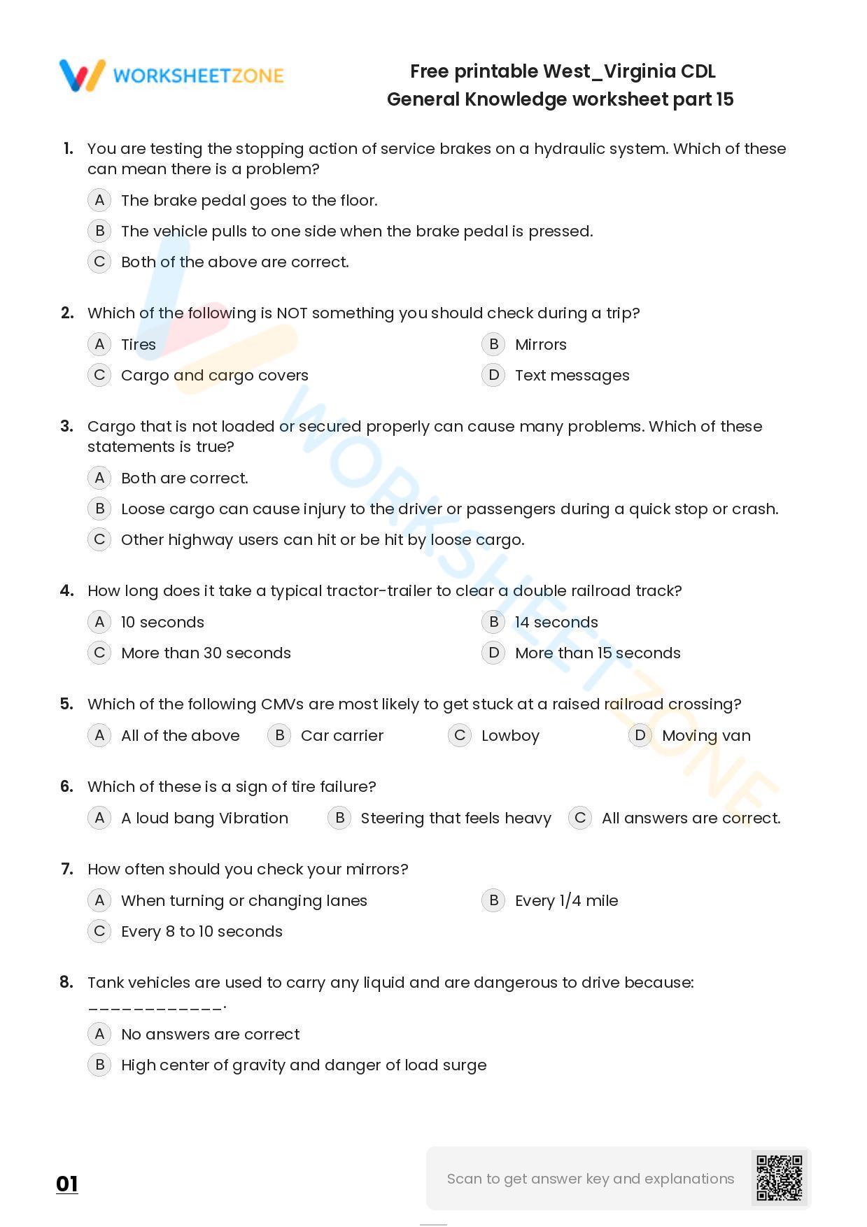 Free printable West/Virginia CDL General Knowledge worksheet part 1 ...