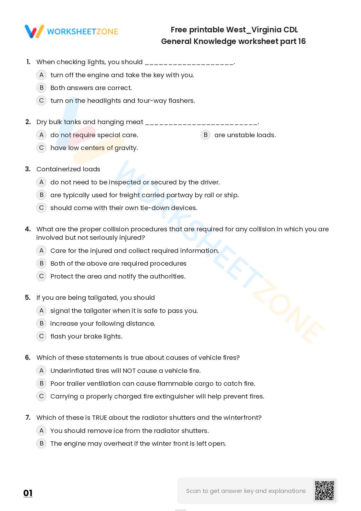 Free printable West/Virginia CDL General Knowledge worksheet part 1 ...