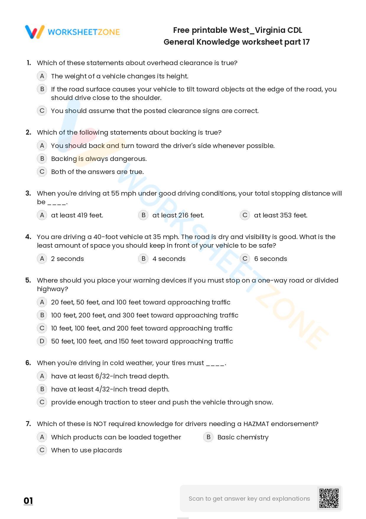 Free printable West/Virginia CDL General Knowledge worksheet part 1 ...