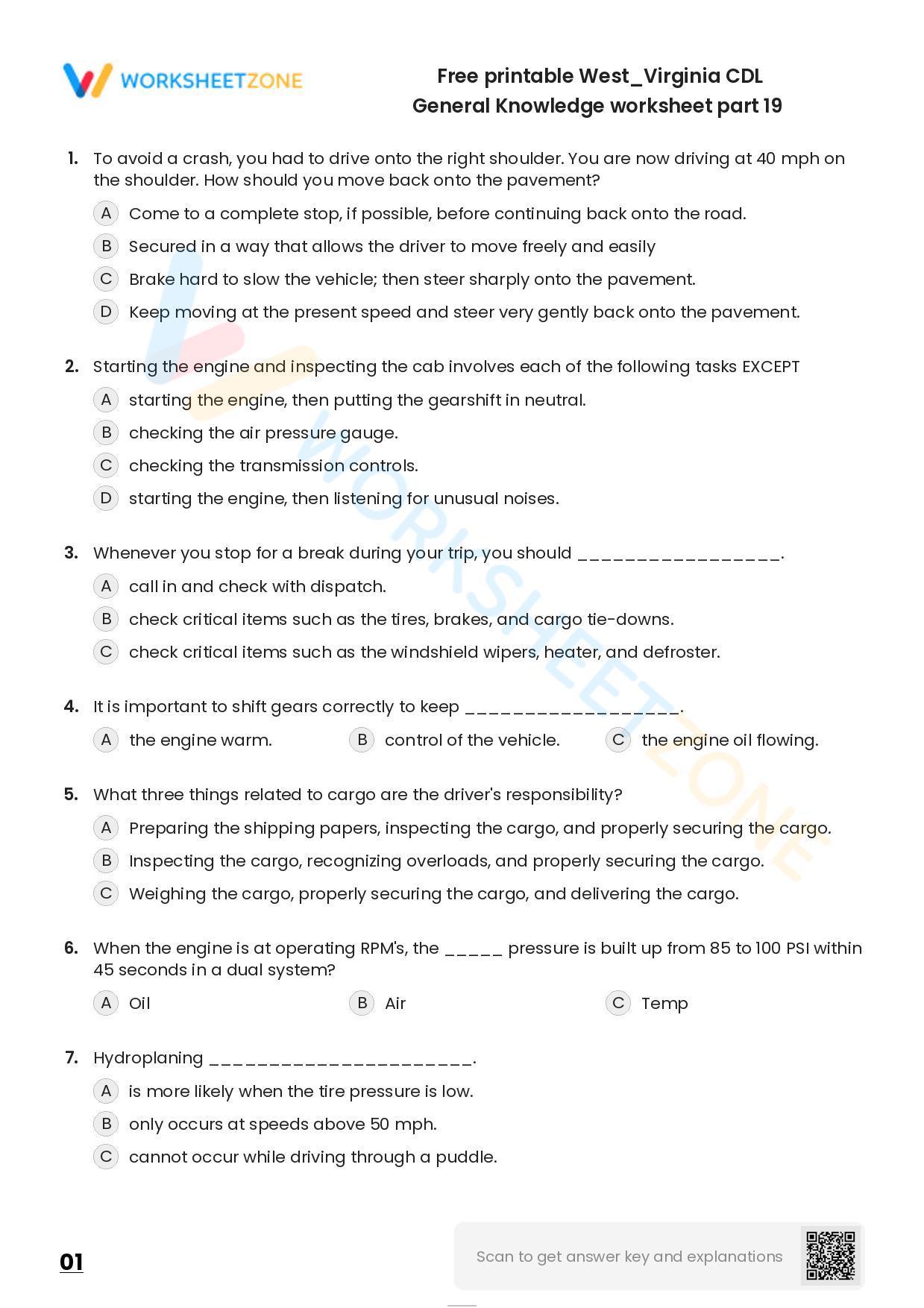 Free printable West/Virginia CDL General Knowledge worksheet part 1 ...