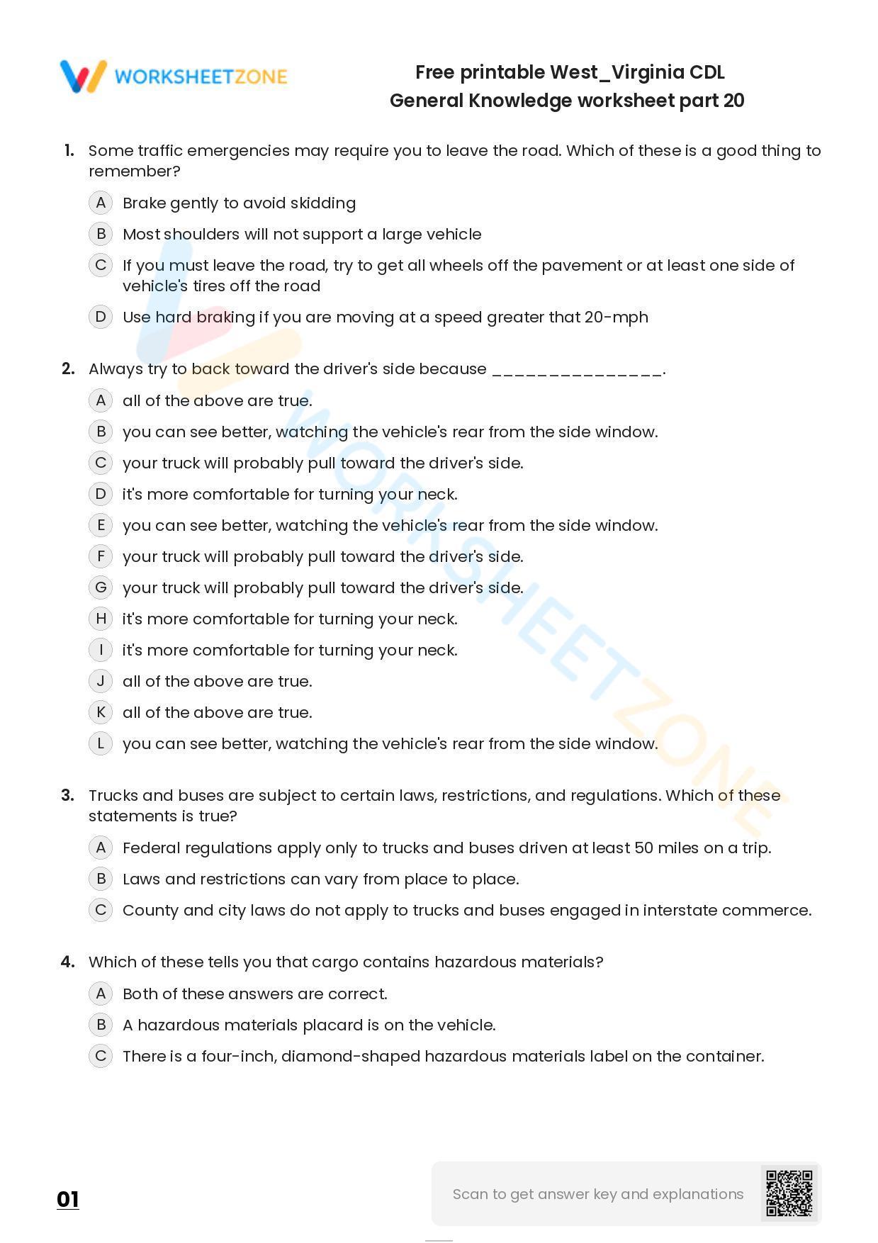 Free printable West/Virginia CDL General Knowledge worksheet part 1 ...