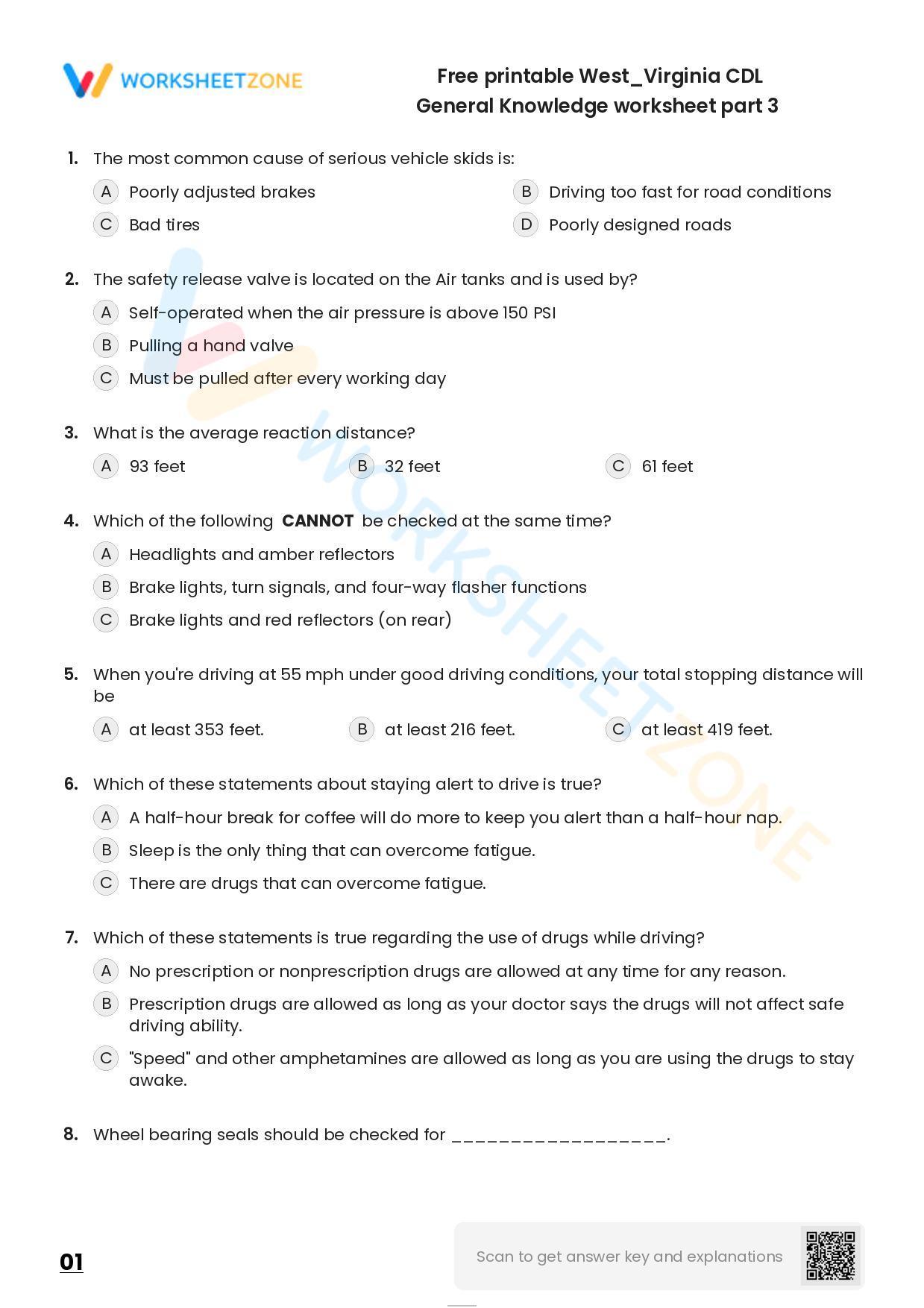 Free printable West/Virginia CDL General Knowledge worksheet part 1 ...