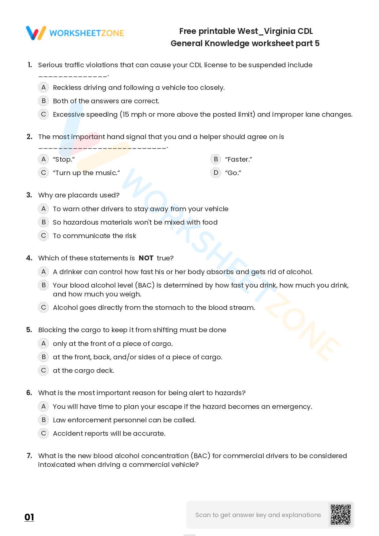 Free printable West/Virginia CDL General Knowledge worksheet part 1 ...