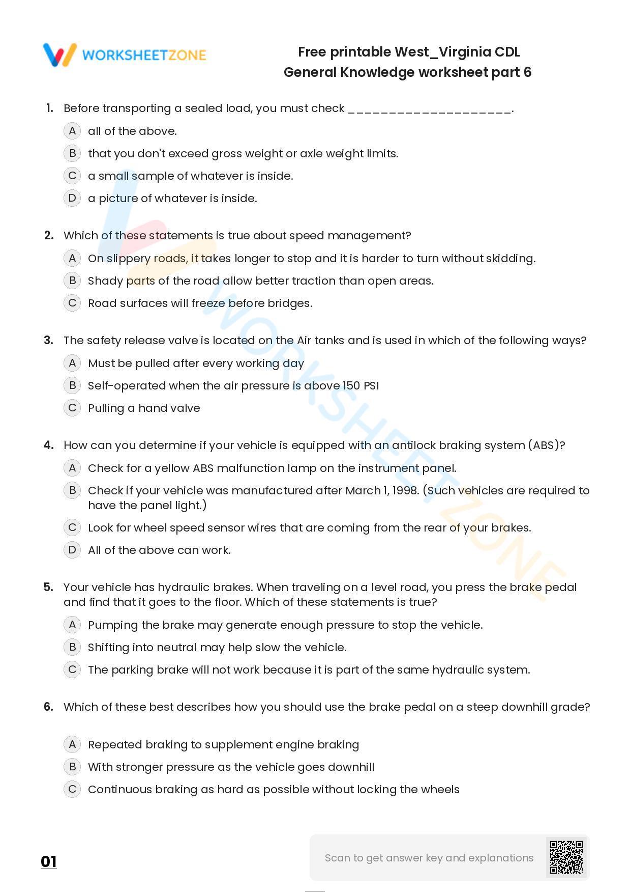Free printable West/Virginia CDL General Knowledge worksheet part 1 ...