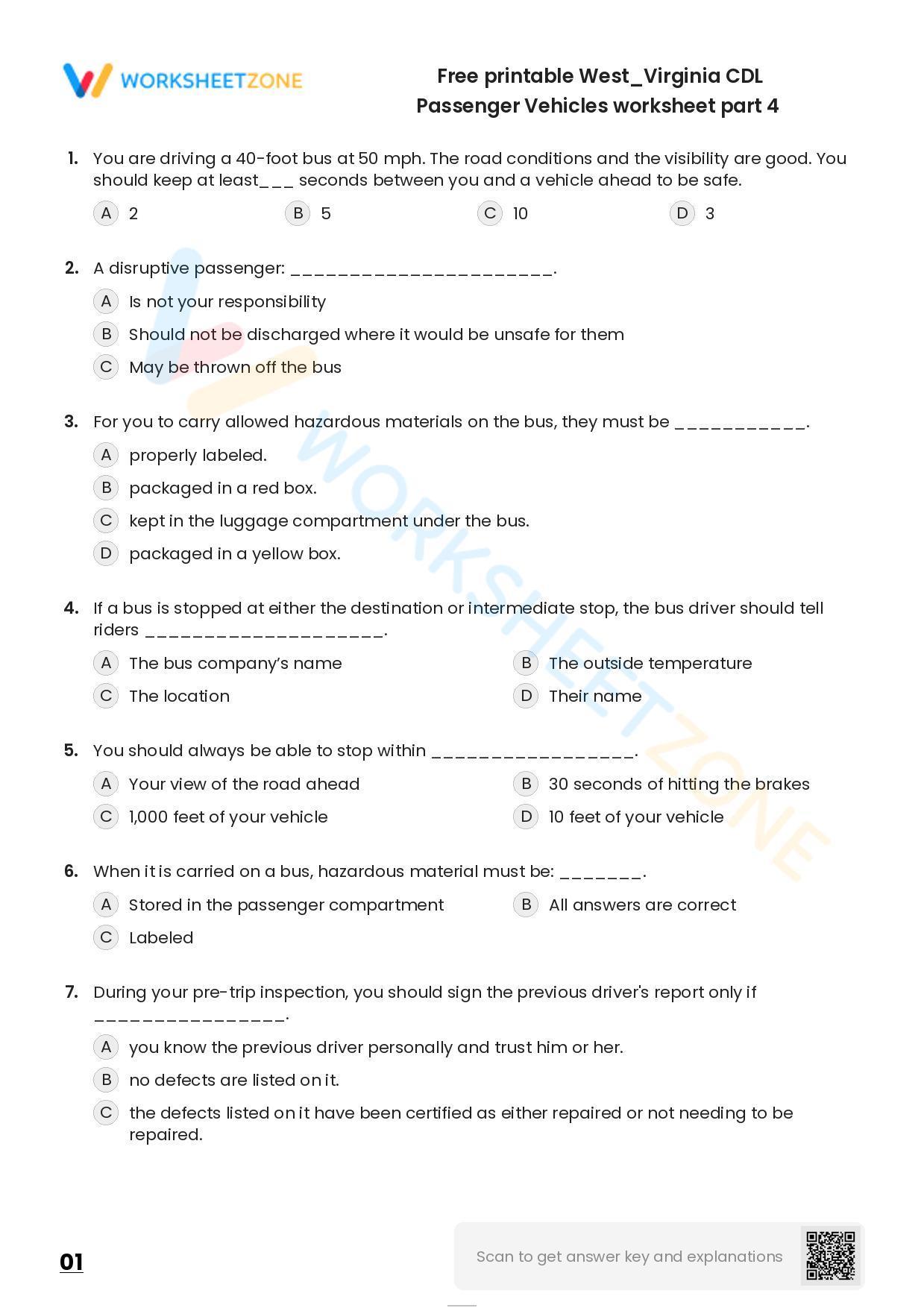 Free Printable West/Virginia CDL Passenger Vehicles Worksheet Part 4