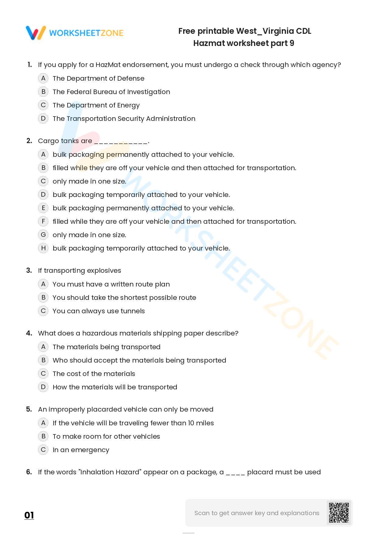 Free Printable West/Virginia CDL Hazmat Worksheet Part 9