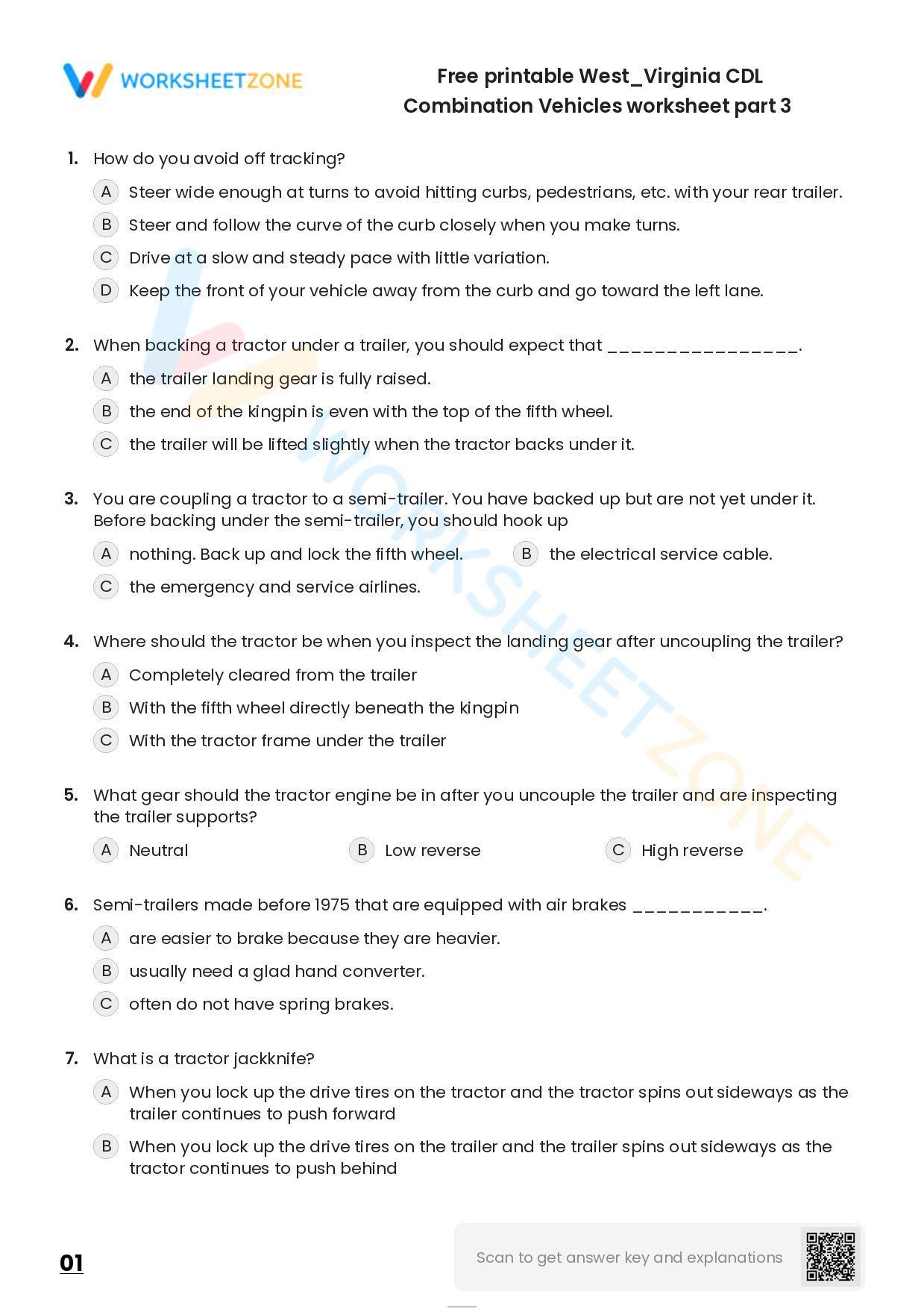 Free Printable West/Virginia CDL Combination Vehicles Worksheet Part 3