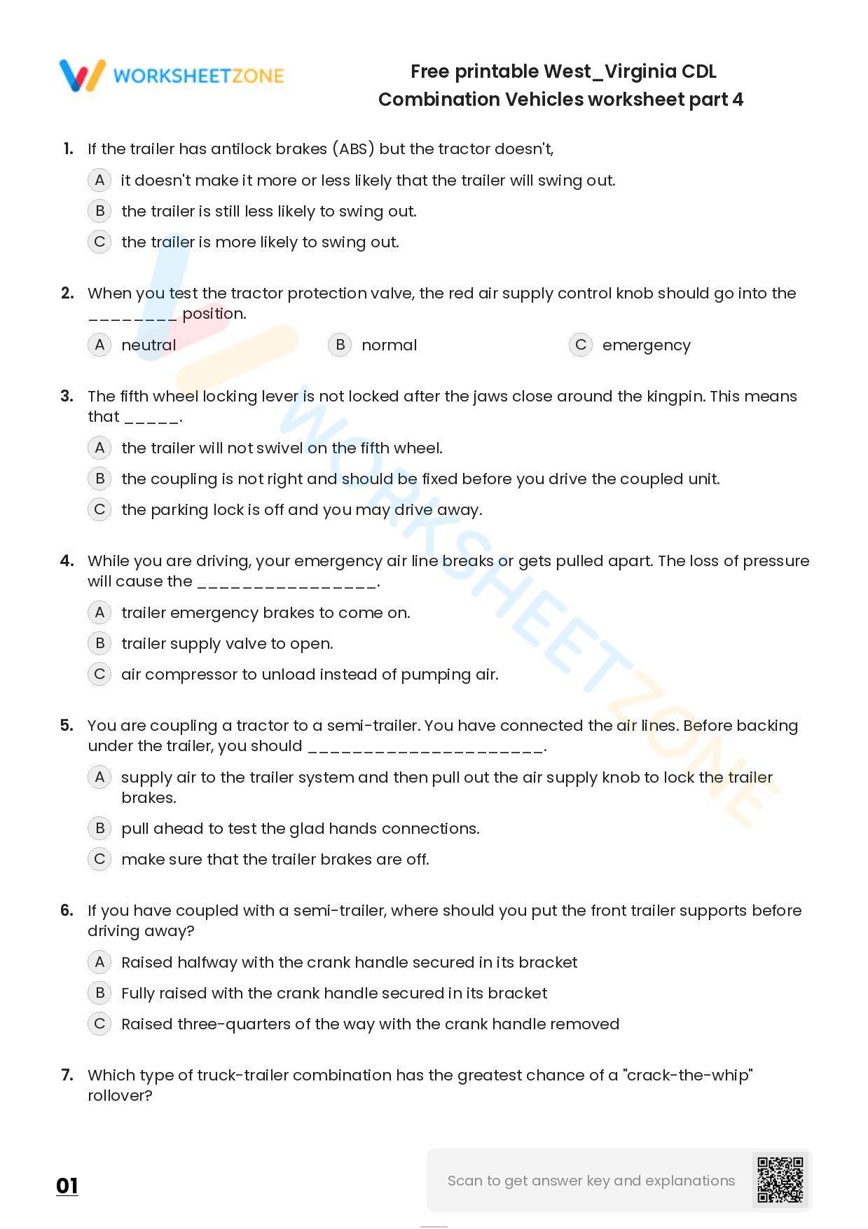 Free Printable West/Virginia CDL Combination Vehicles Worksheet Part 4