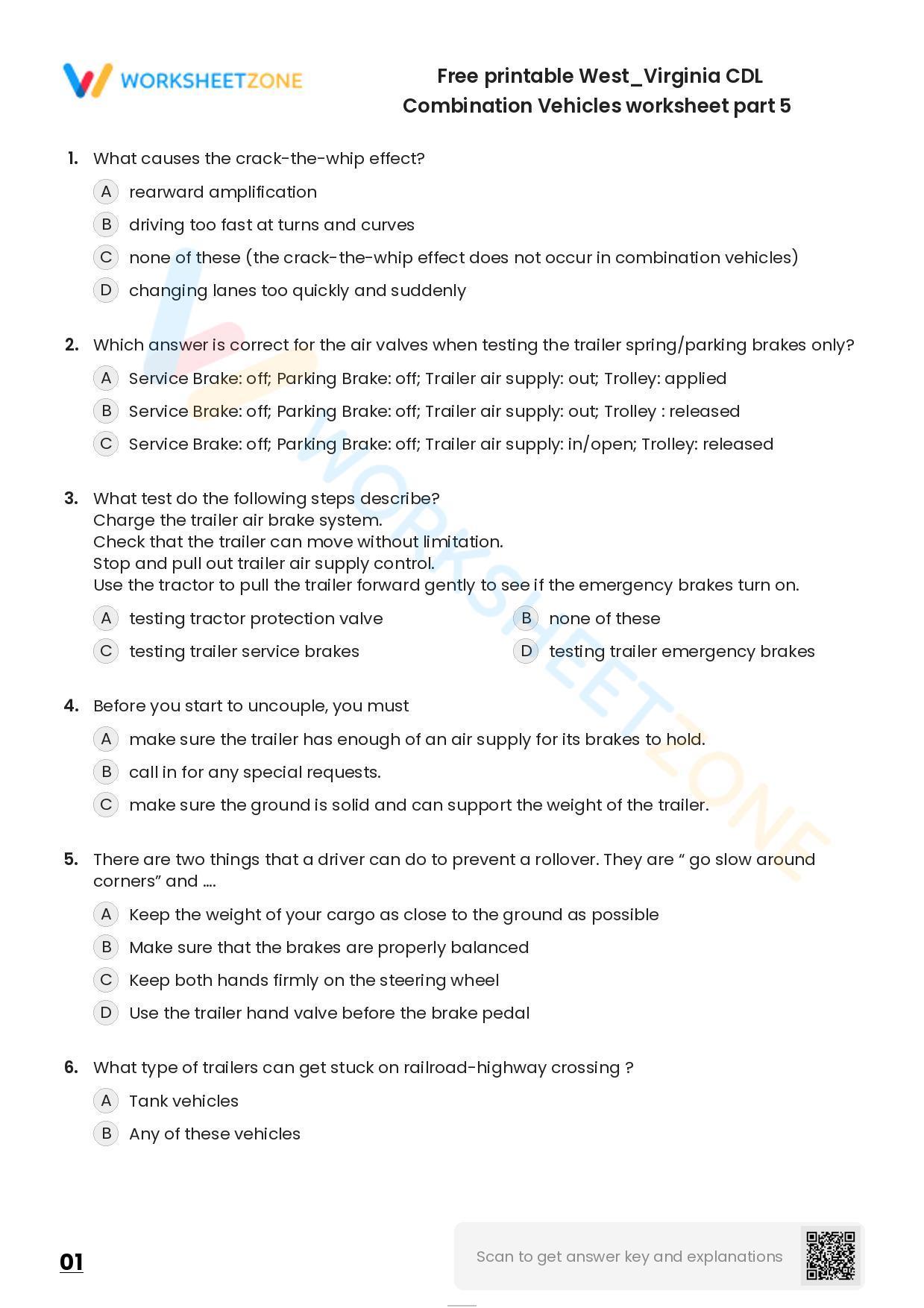 Free Printable West/Virginia CDL Combination Vehicles Worksheet Part 5