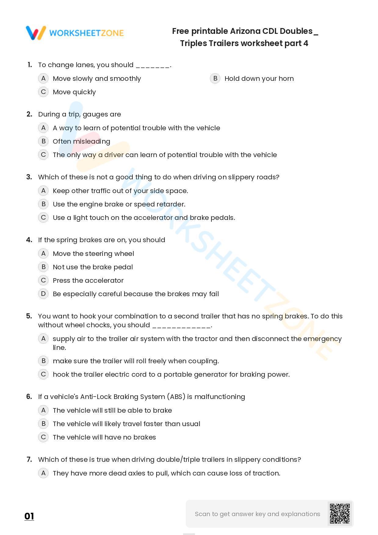 Free Printable Arizona CDL Doubles/ Triples Trailers Worksheet Part 4