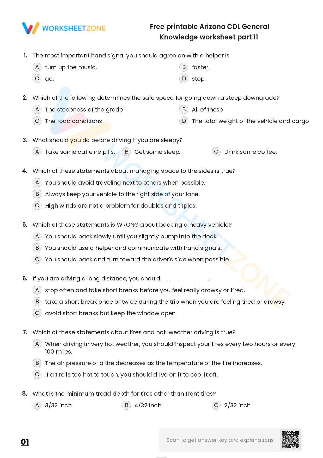 Free Printable Arizona CDL General Knowledge Worksheet Part 11