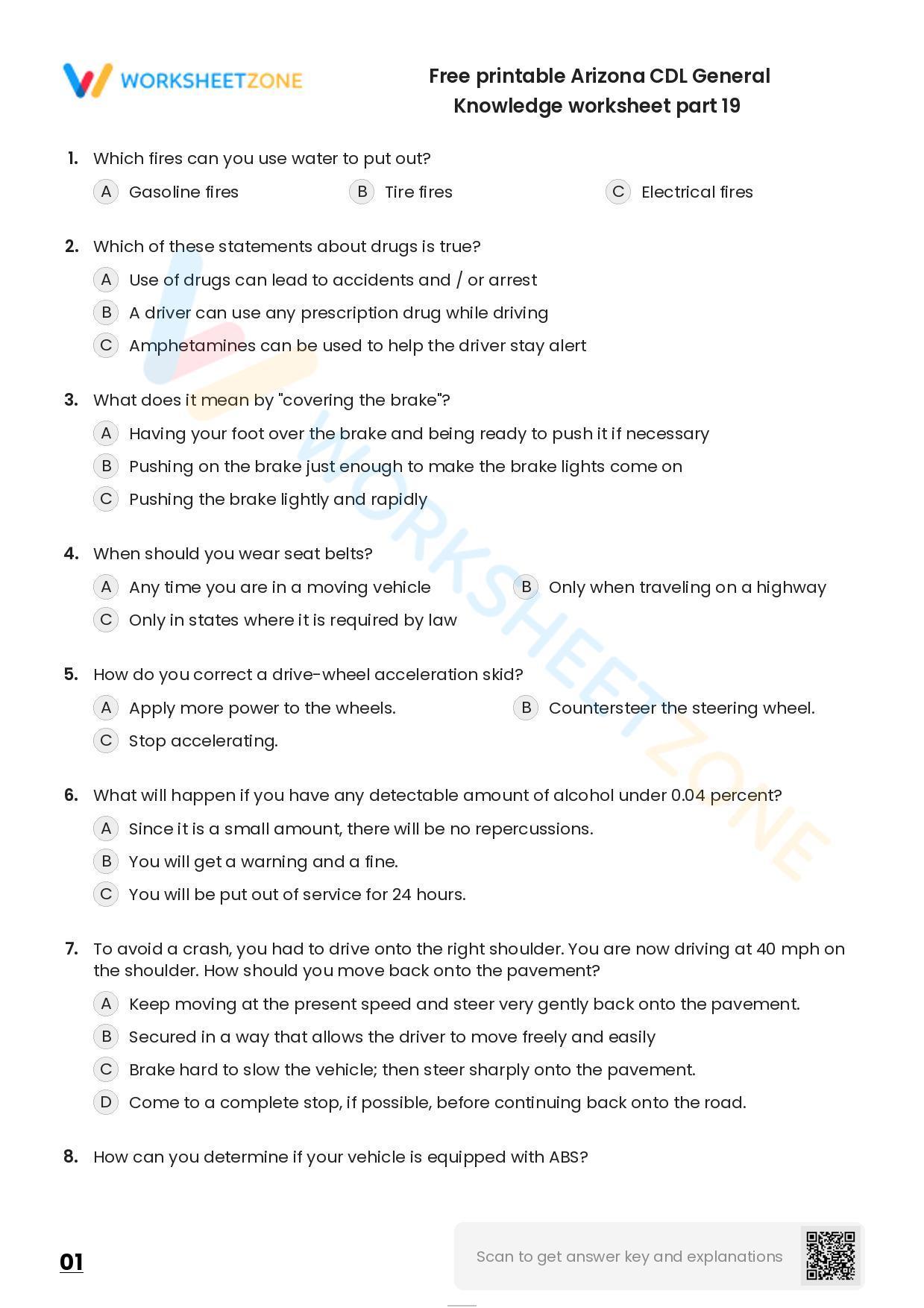 Free printable Arizona CDL General Knowledge worksheet part 19 ...