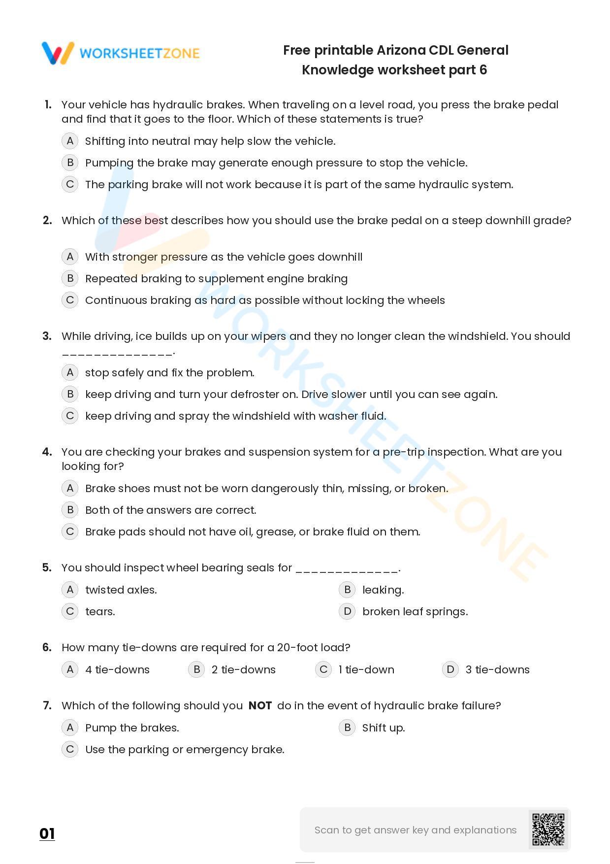 Free Printable Arizona CDL General Knowledge Worksheet Part 6