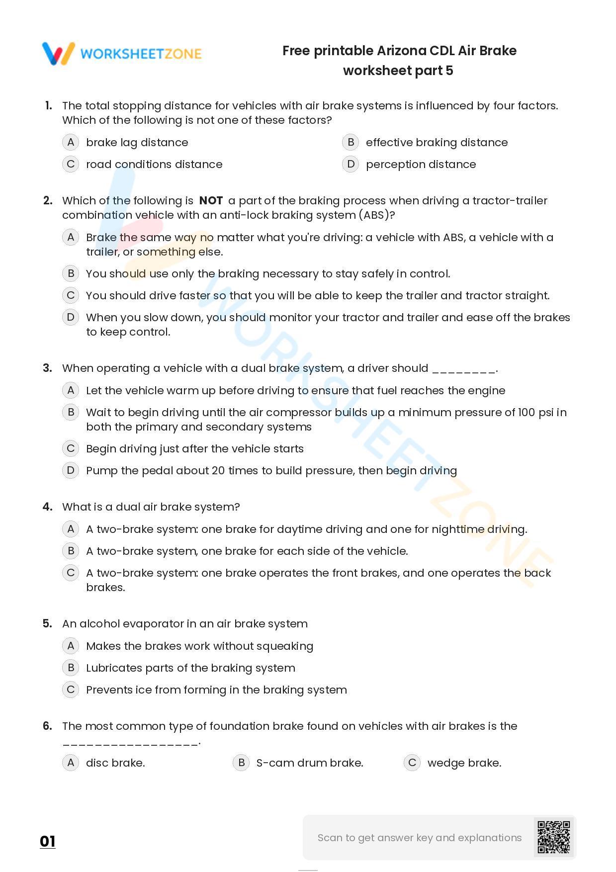 Free printable Arizona CDL Air Brake worksheet part 6 | Worksheet Zone