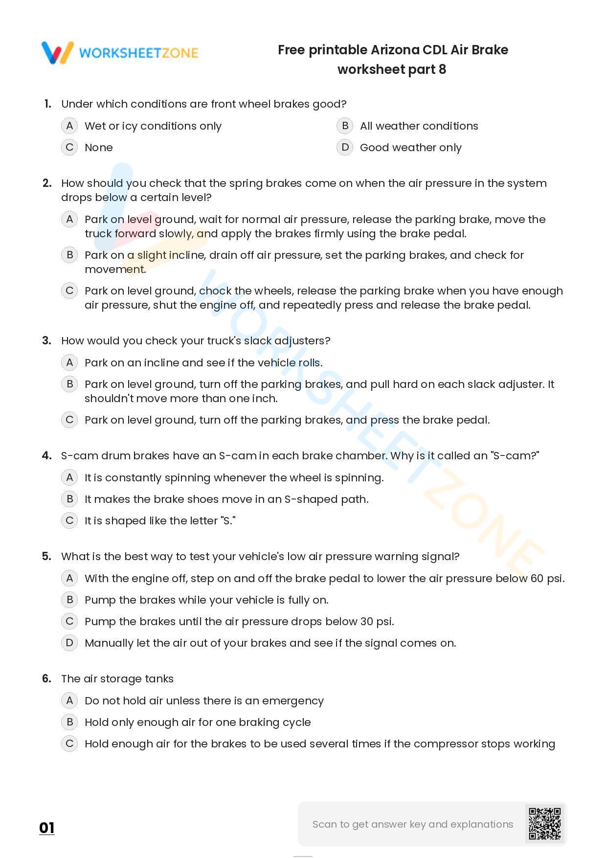 Free printable Arizona CDL Air Brake worksheet part 6 | Worksheet Zone