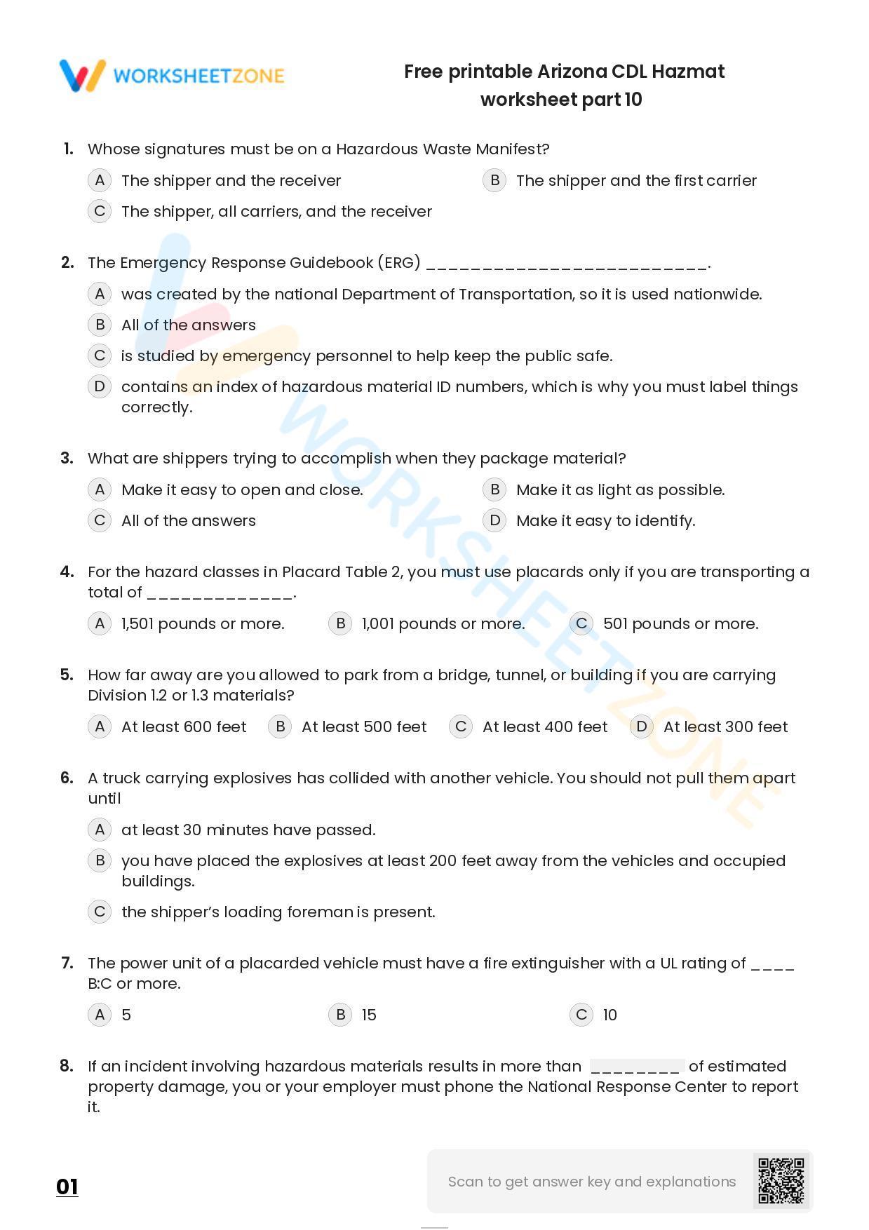 Free printable Arizona CDL Hazmat worksheet part 1 | Worksheet Zone