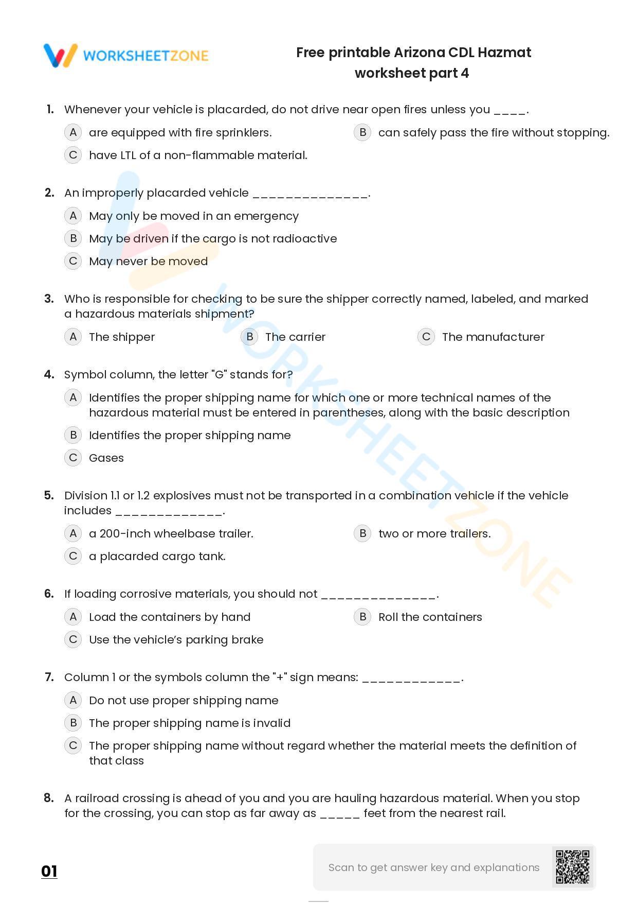 Free Printable Arizona CDL Hazmat Worksheet Part 4