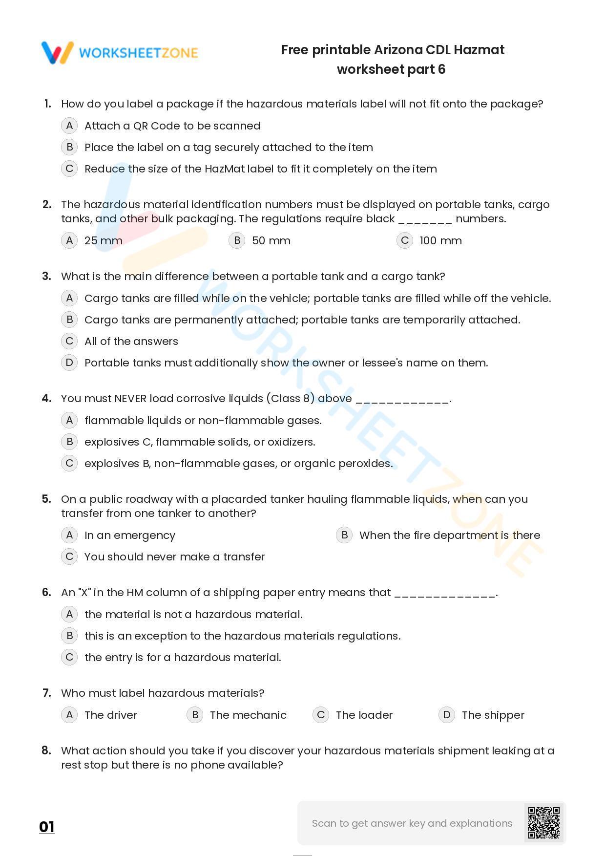 Free printable Arizona CDL Hazmat worksheet part 1 | Worksheet Zone