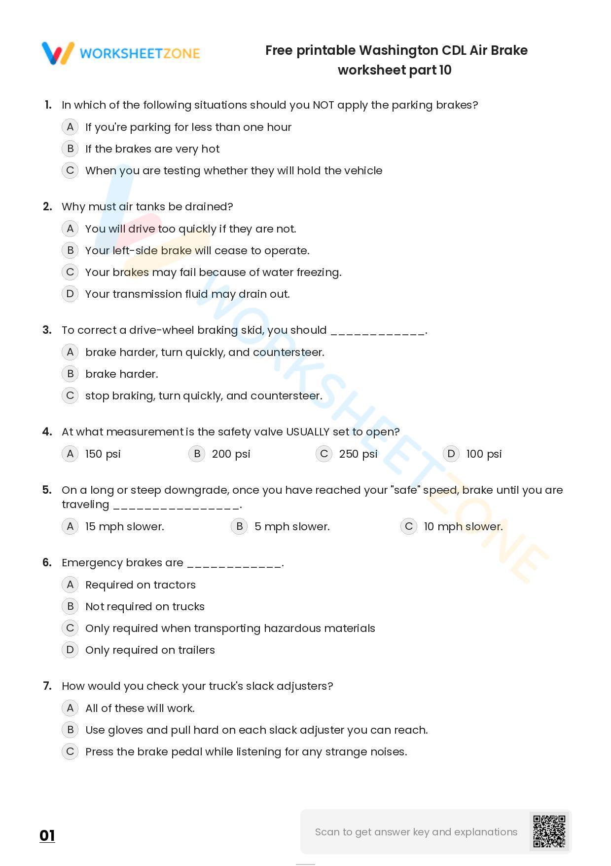 Free printable Washington CDL Air Brake worksheet part 3 | Worksheet Zone