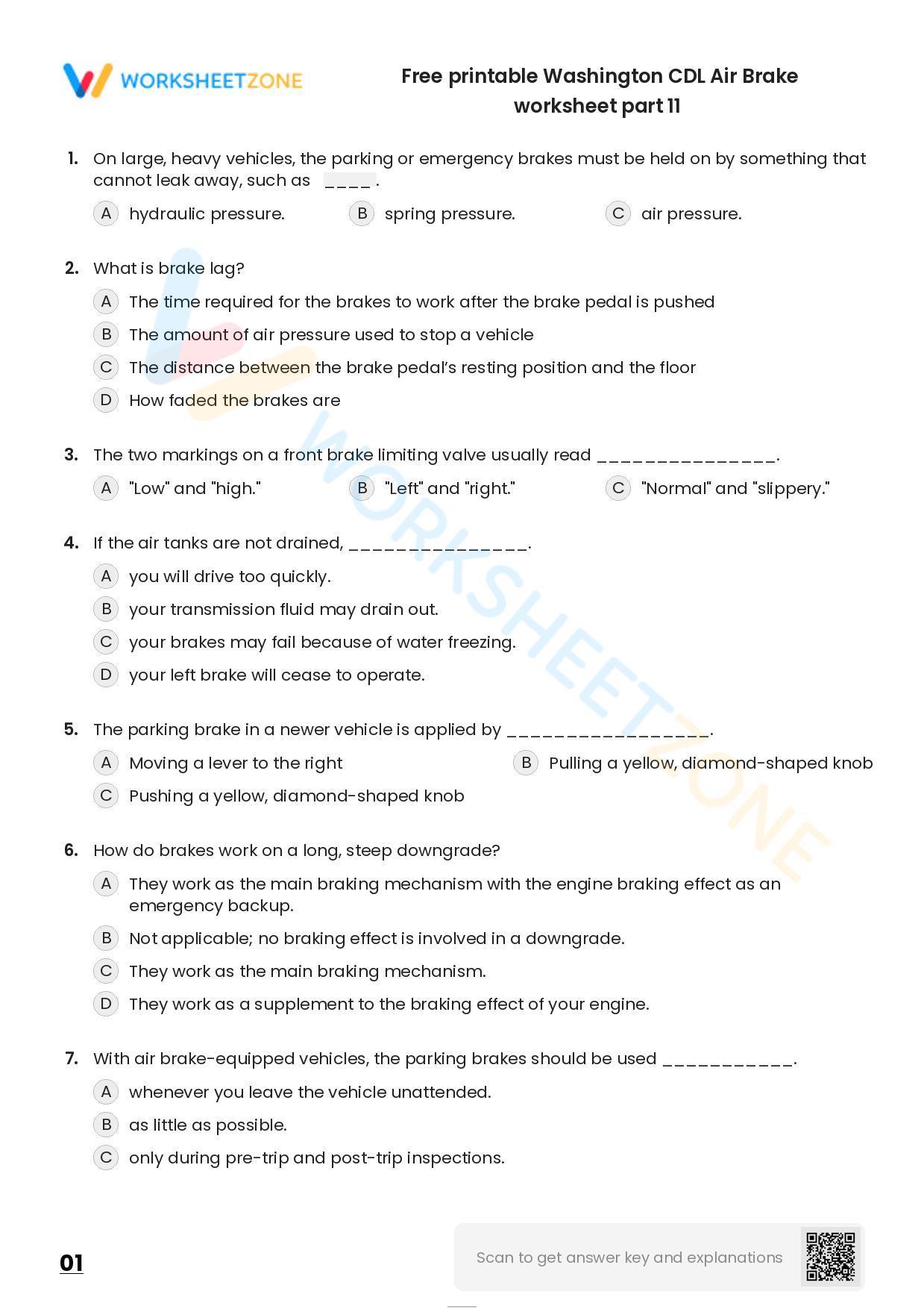 Free printable Washington CDL Air Brake worksheet part 8 | Worksheet Zone