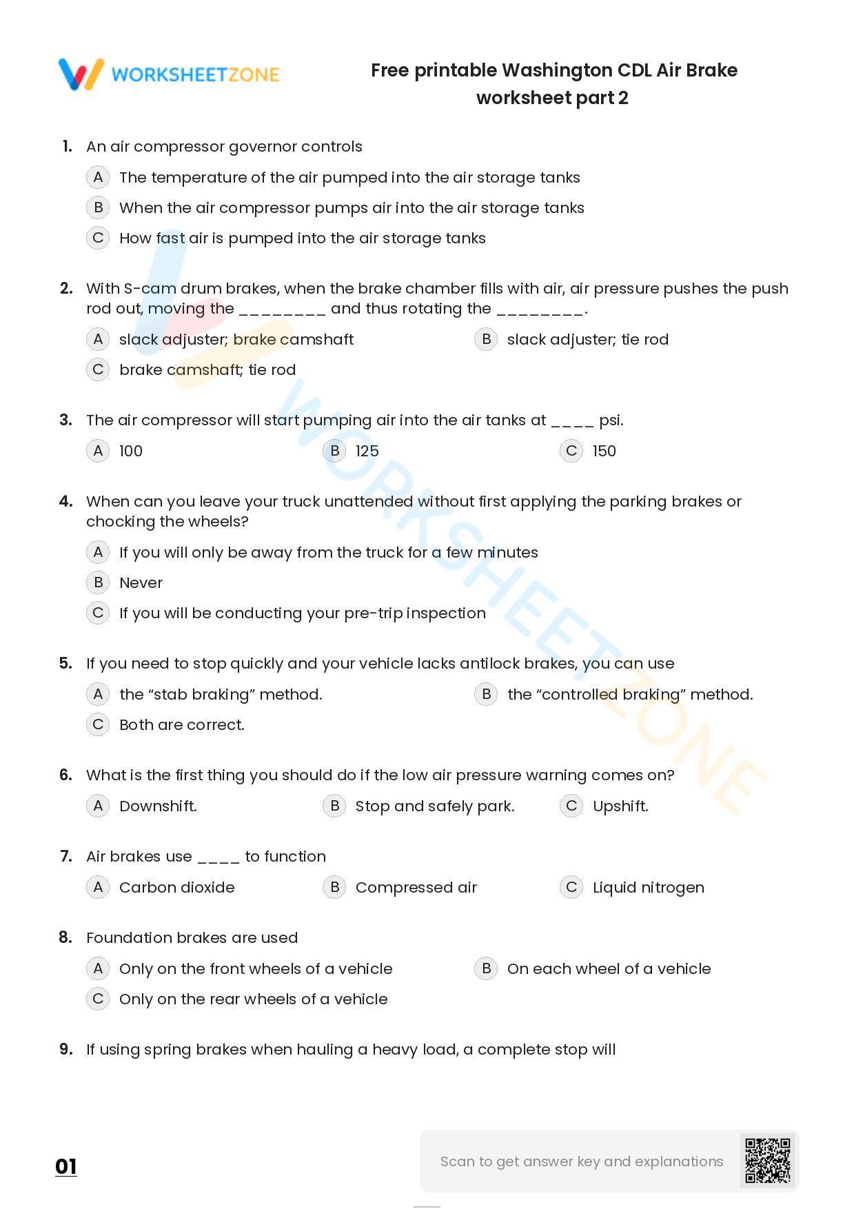 Free Printable Washington CDL Air Brake Worksheet Part 2