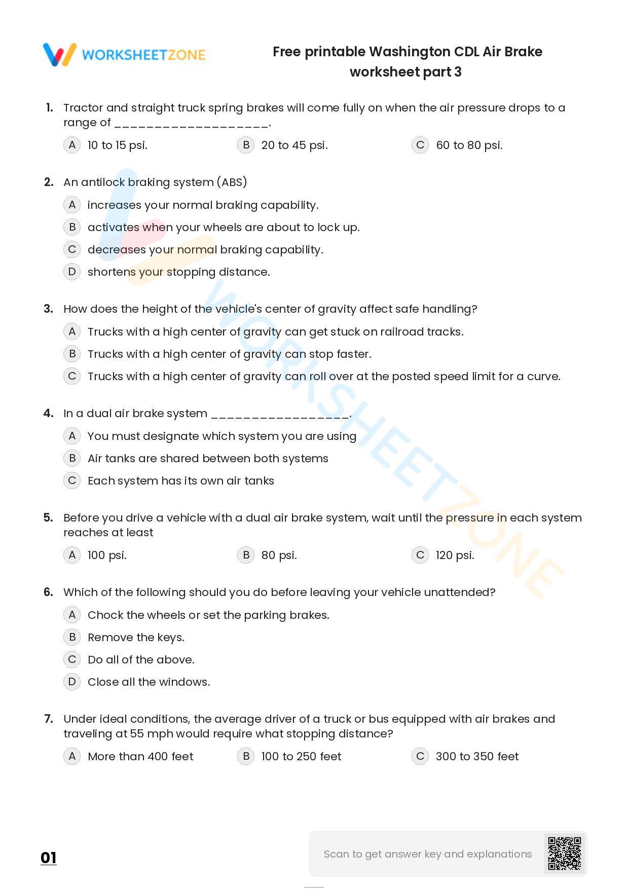 Free Printable Washington CDL Air Brake Worksheet Part 3