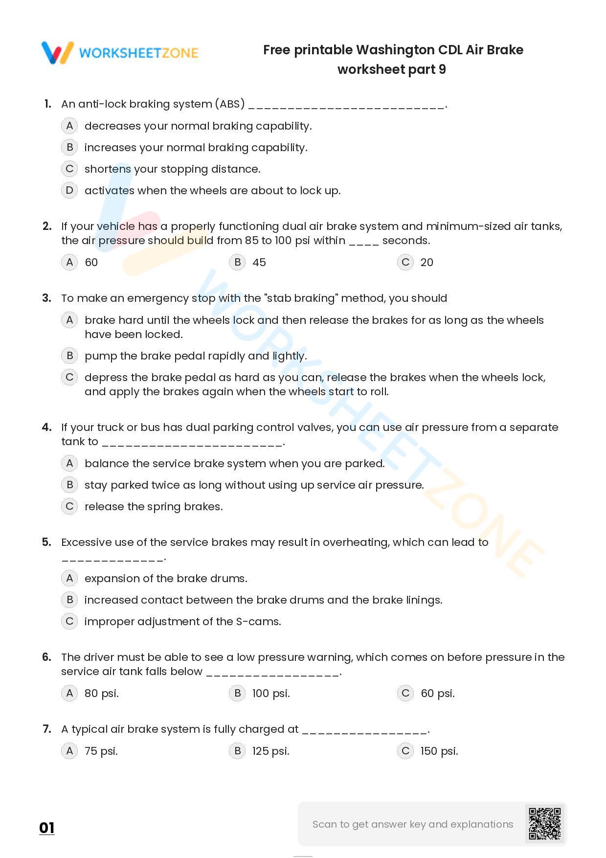Free printable Washington CDL Air Brake worksheet part 3 | Worksheet Zone