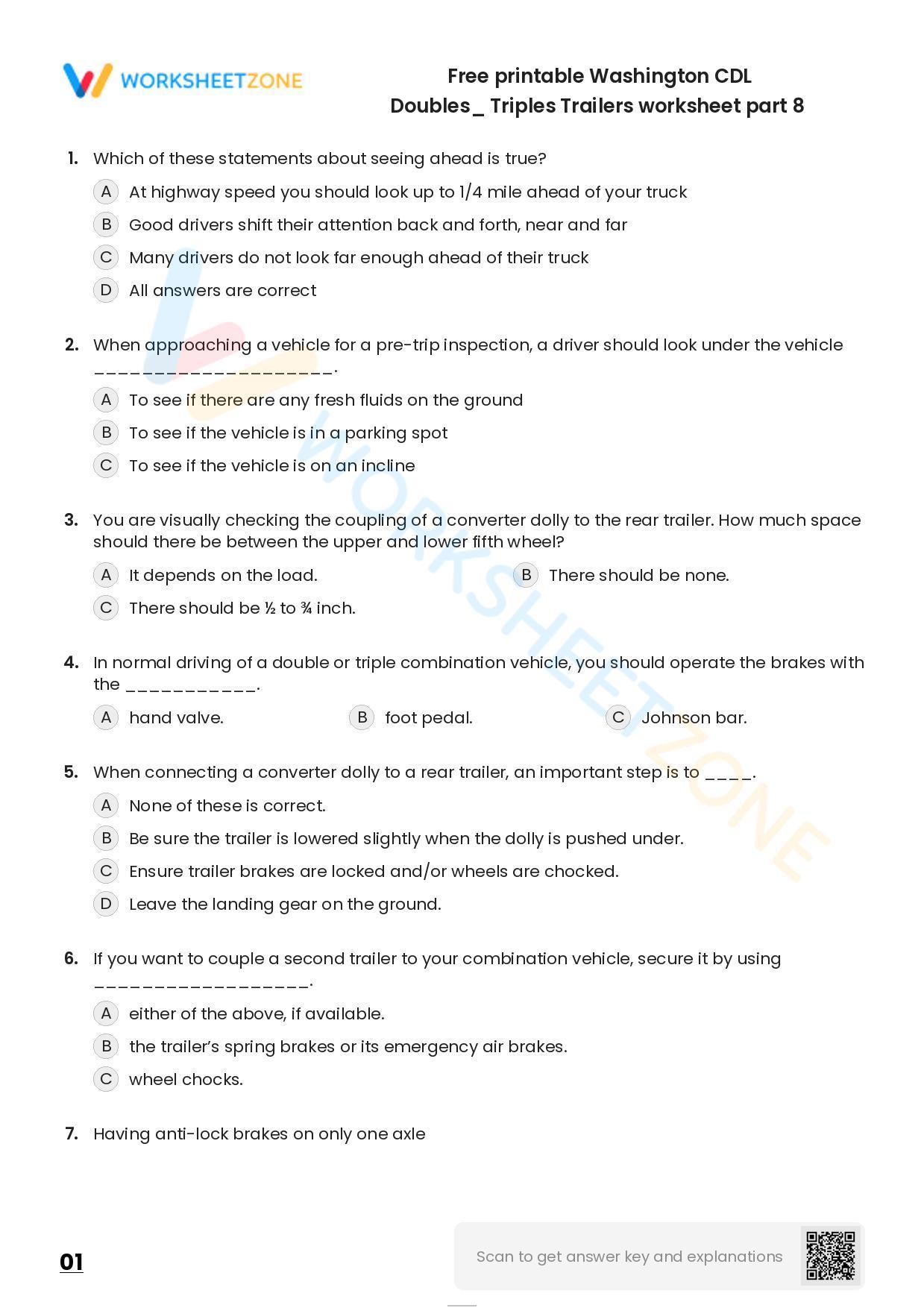 Free Printable Washington CDL Doubles/ Triples Trailers Worksheet Part 8