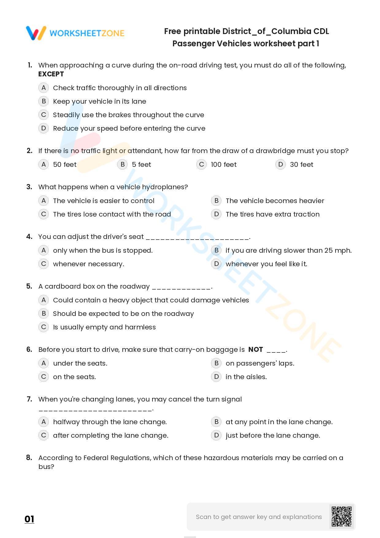 Free printable District/of_Columbia CDL Passenger Vehicles worksheet ...