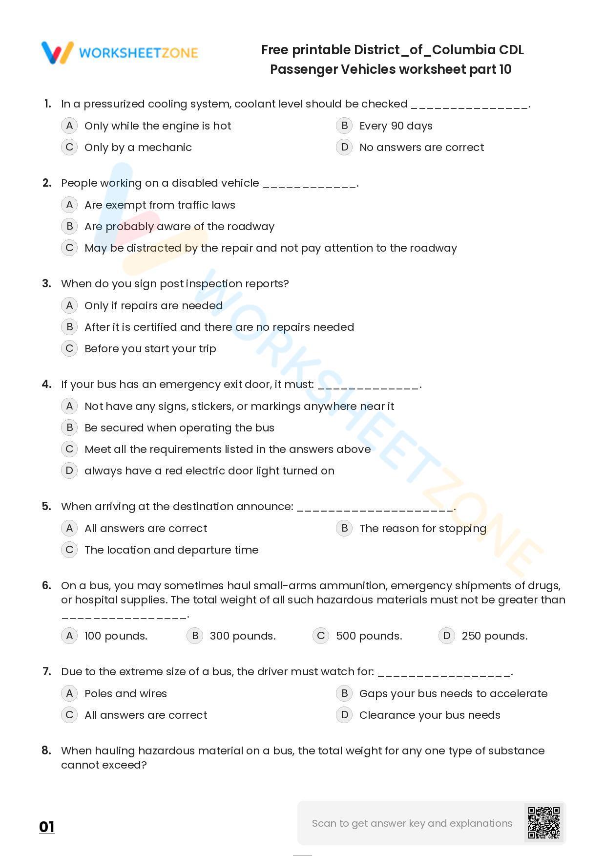 Free printable District/of_Columbia CDL Passenger Vehicles worksheet ...