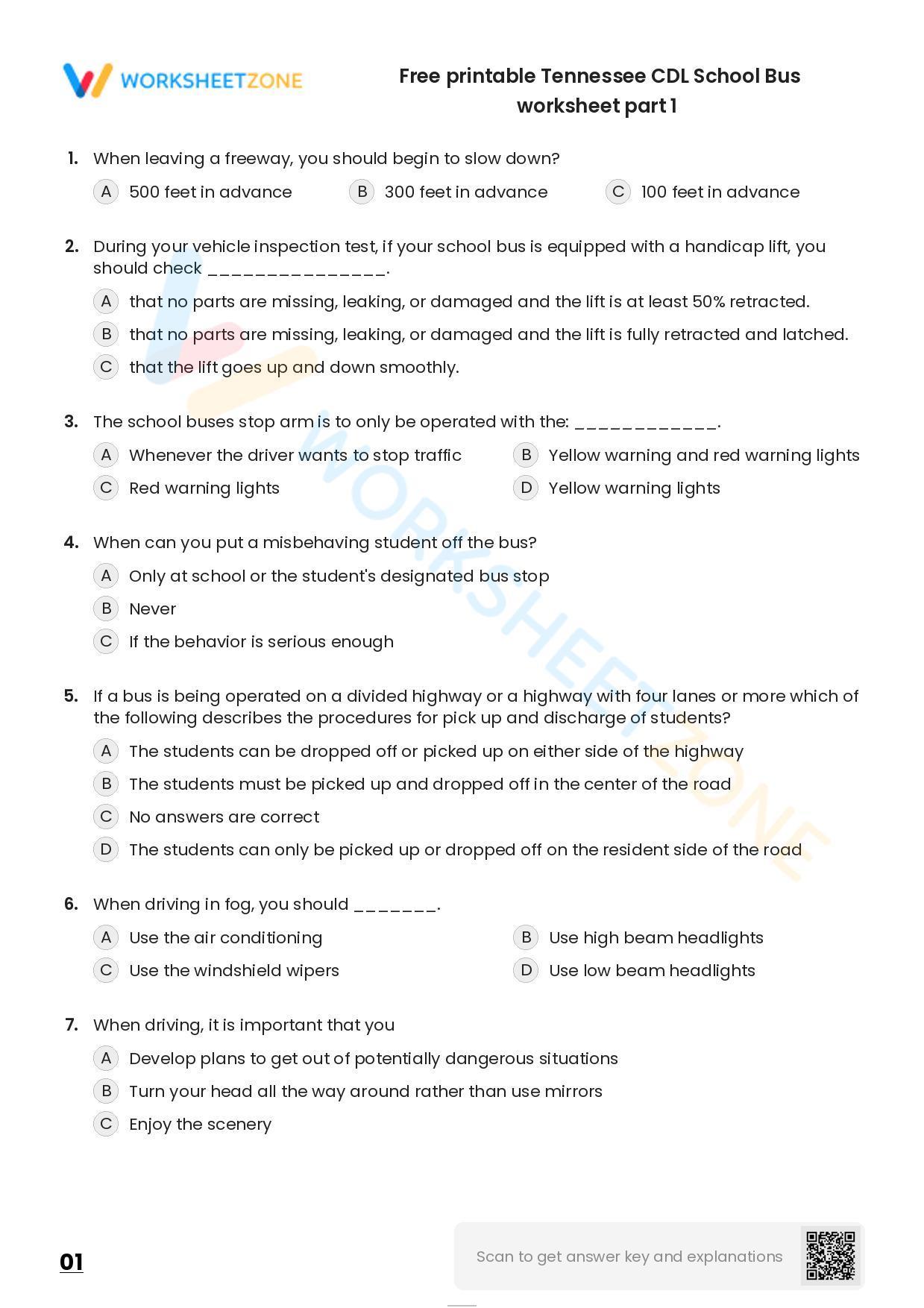 Free Printable Tennessee CDL School Bus Worksheet Part 1