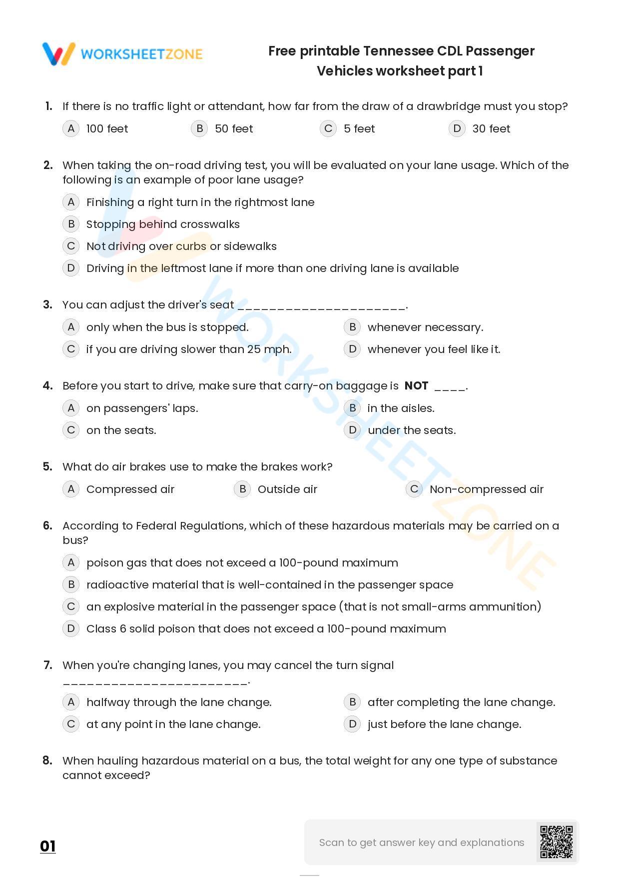 Free Printable Tennessee CDL Passenger Vehicles Worksheet Part 1