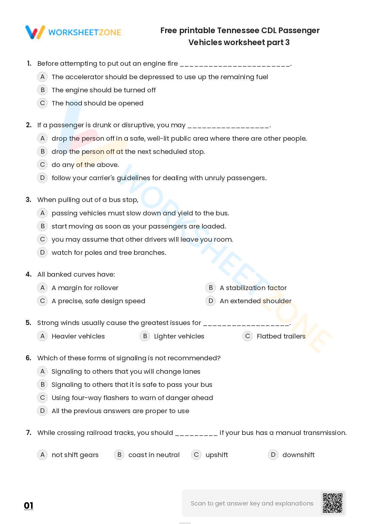 Free Printable Tennessee CDL Passenger Vehicles Worksheet Part 3