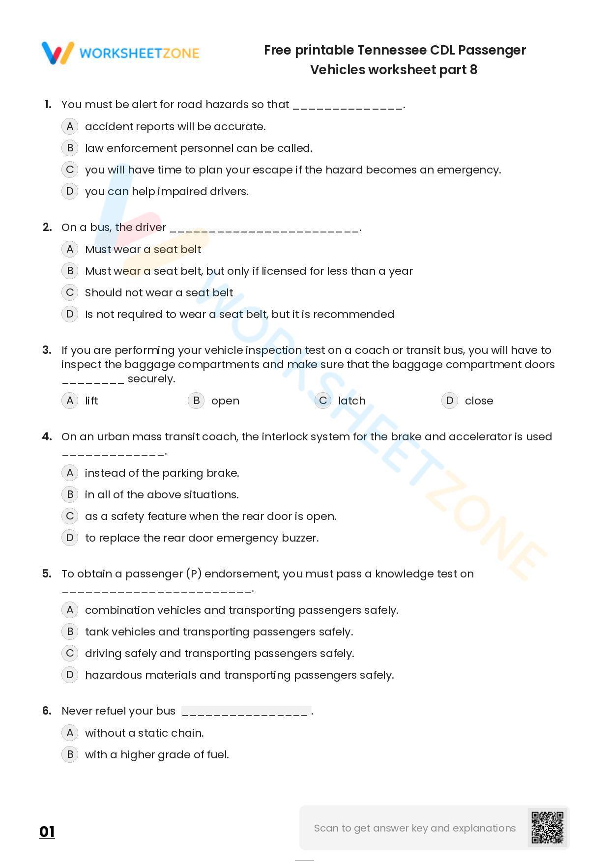 Free Printable Tennessee CDL Passenger Vehicles Worksheet Part 8