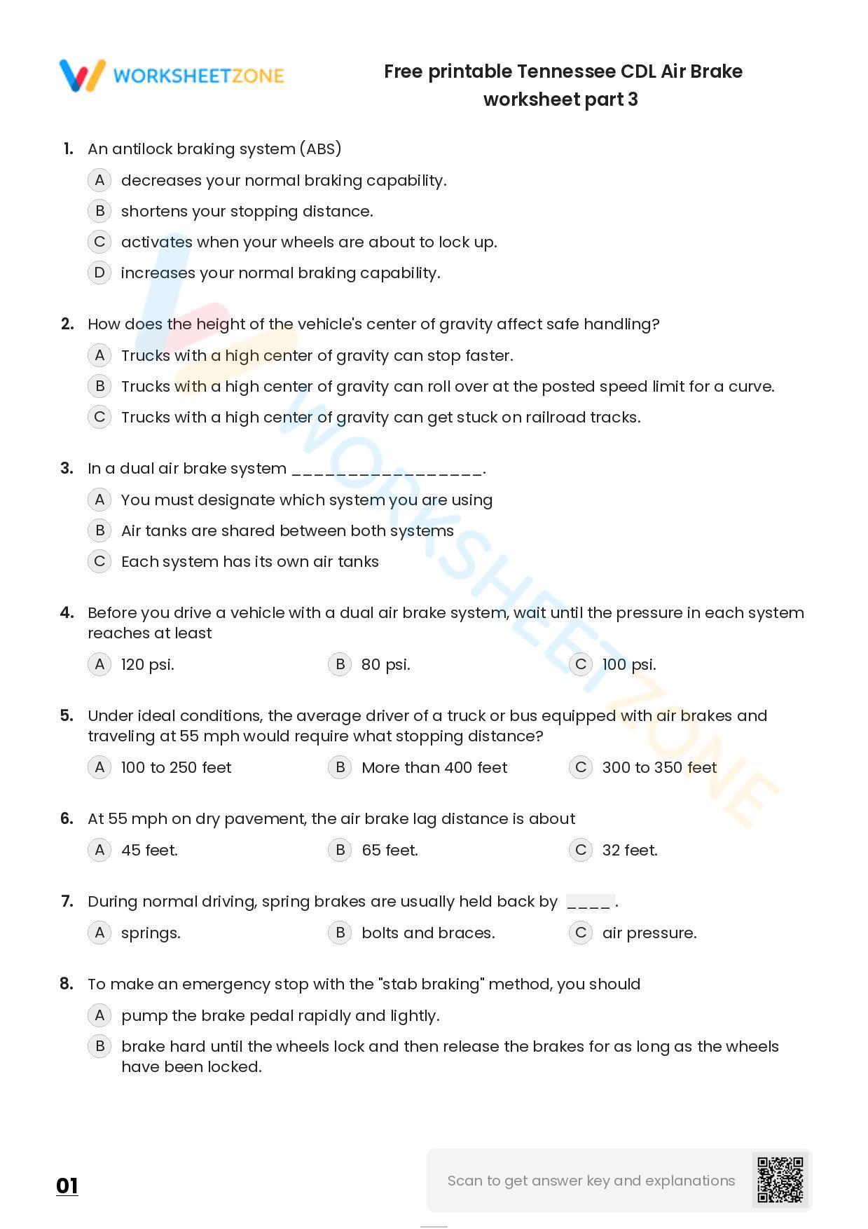 Free Printable Tennessee CDL Air Brake Worksheet Part 3