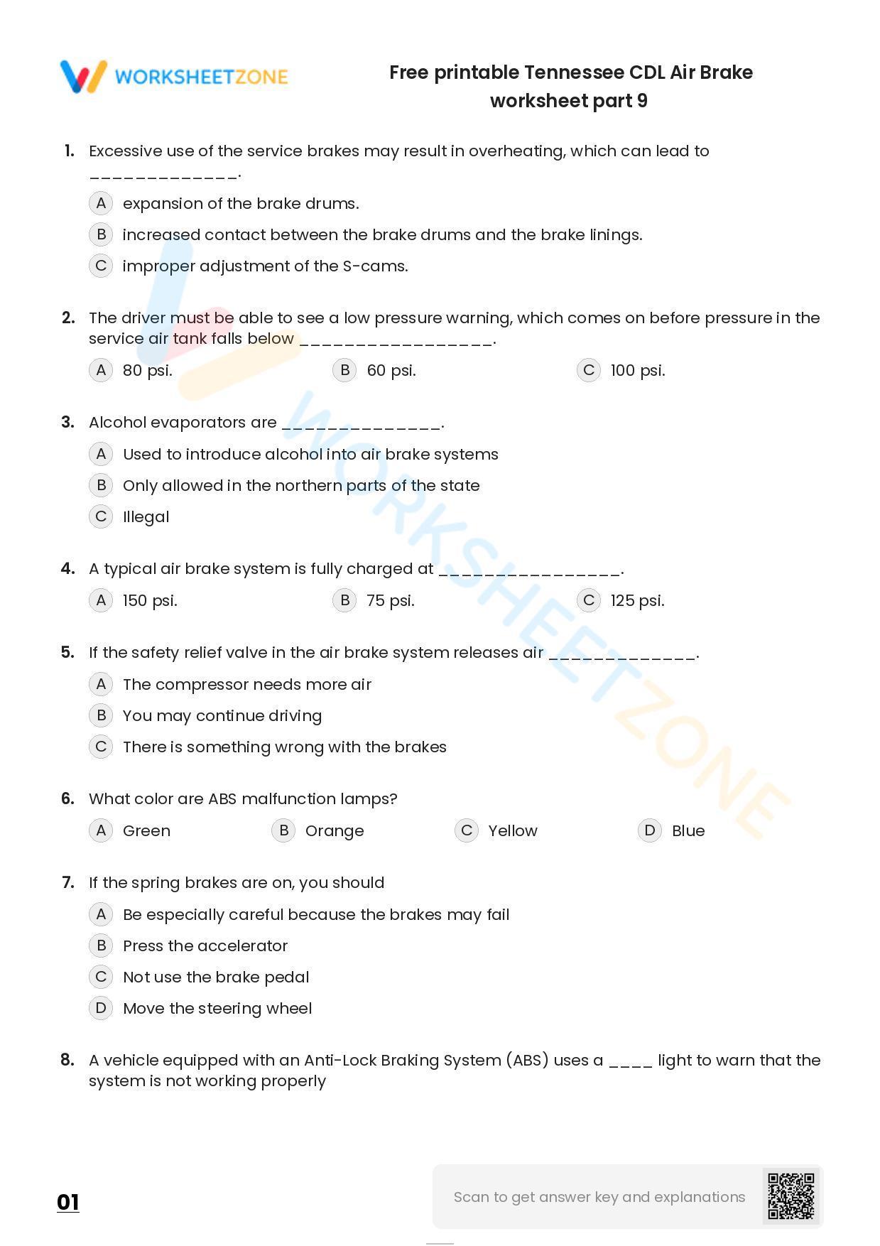 Free printable Tennessee CDL Air Brake worksheet part 4 | Worksheet Zone