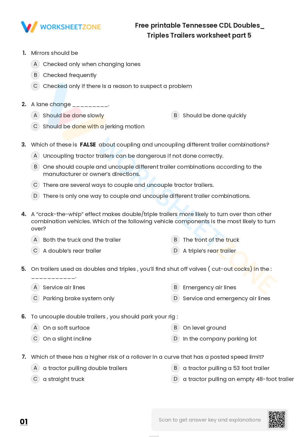 Free Printable Tennessee CDL Doubles/ Triples Trailers Worksheet Part 5