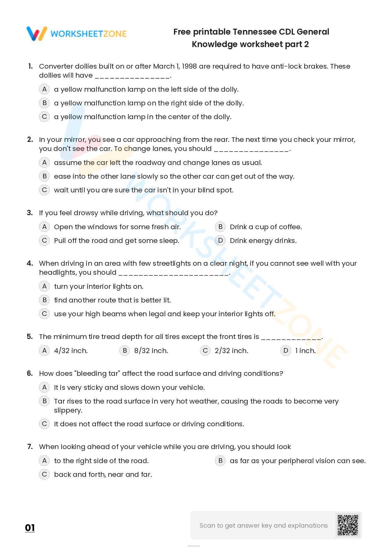 Free Printable Tennessee CDL General Knowledge Worksheet Part 2